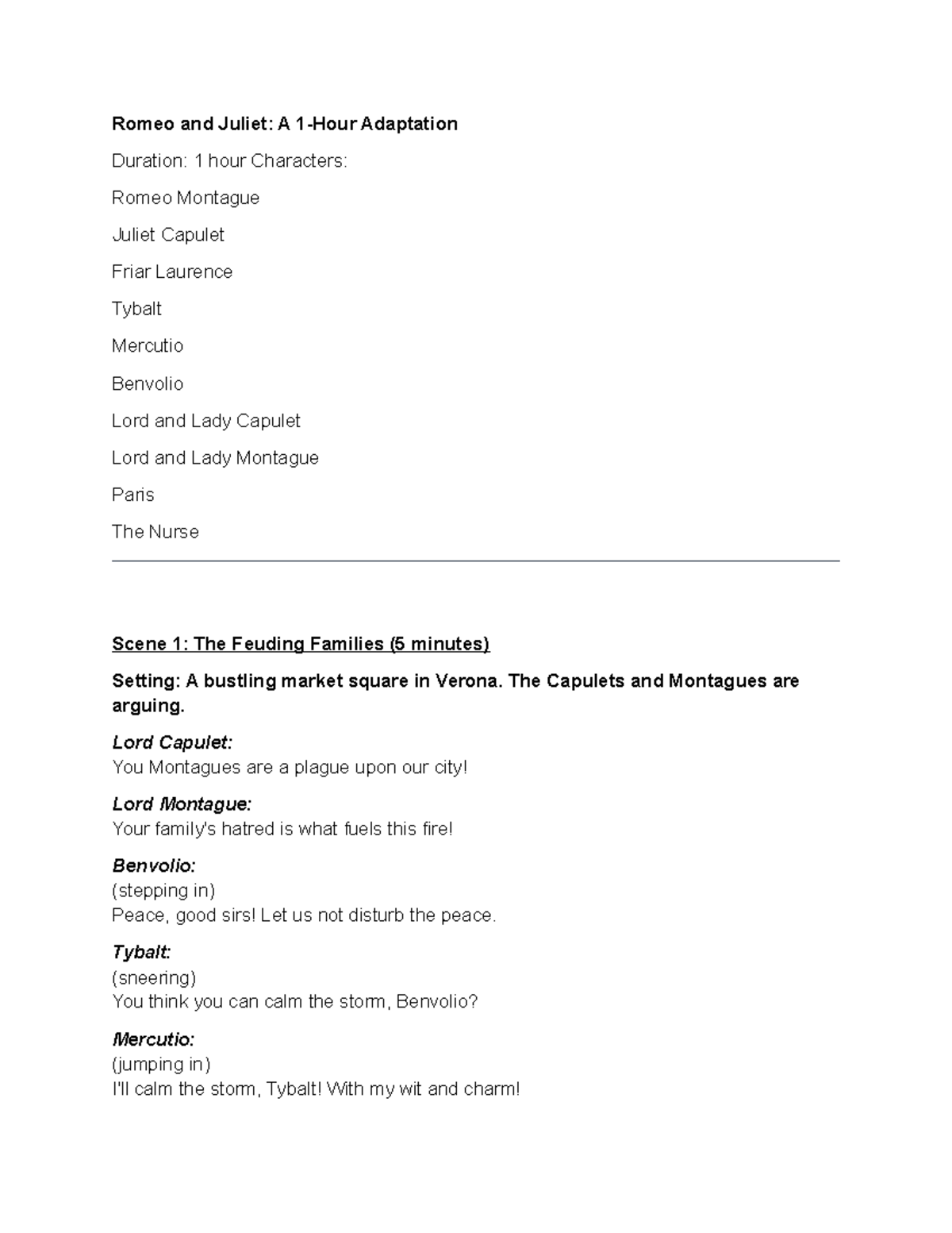 Romeo and Juliet: A 1-Hour Adaptation Script for ENG 101 - Studocu