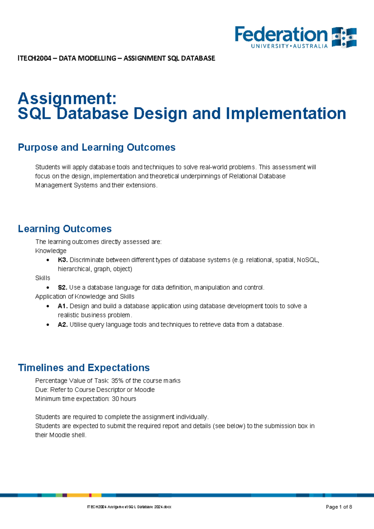 ITECH 2004 SQL Database Design & Implementation Assignment 2024 - Studocu
