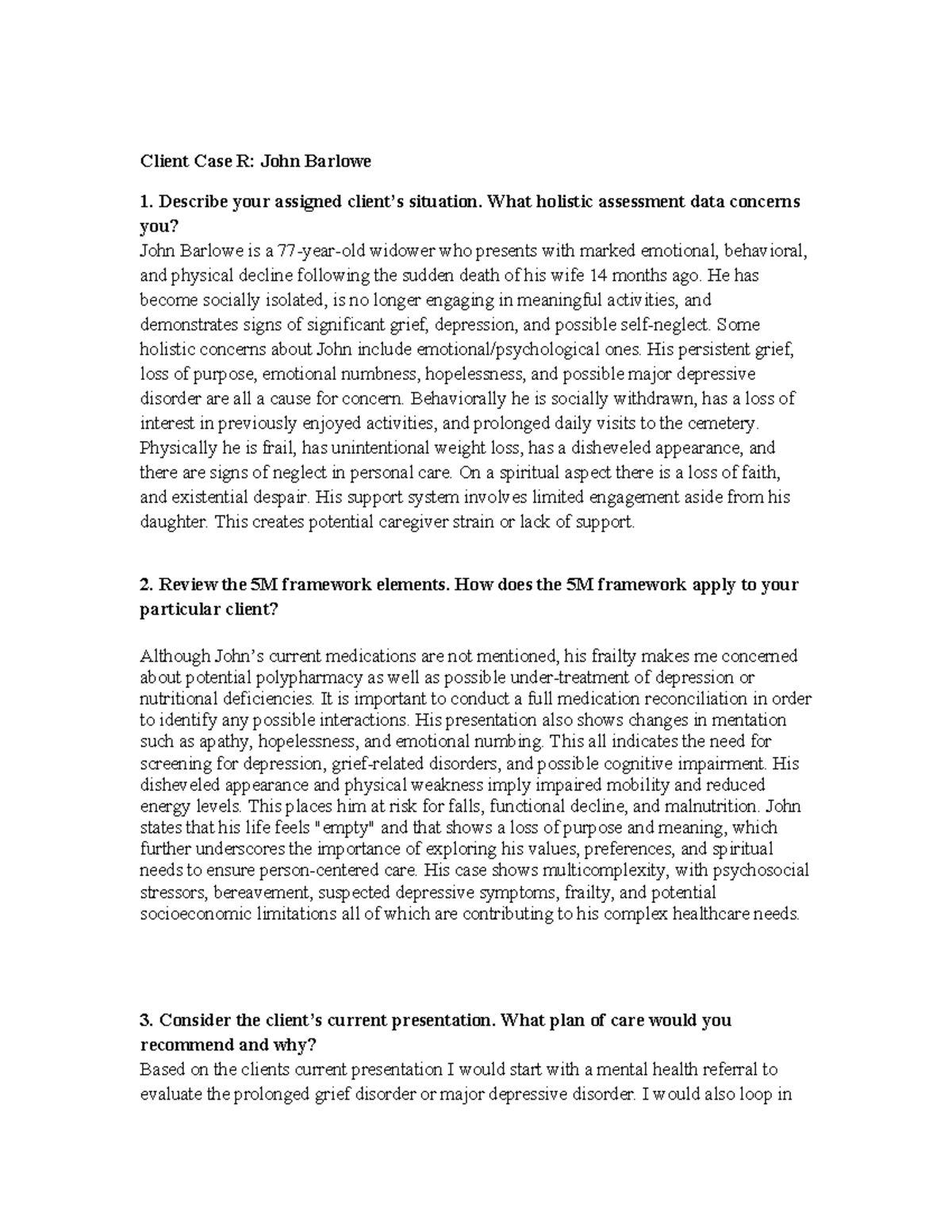 NR 601 Week 1 Case Study: Holistic Assessment of John Barlowe - Studocu