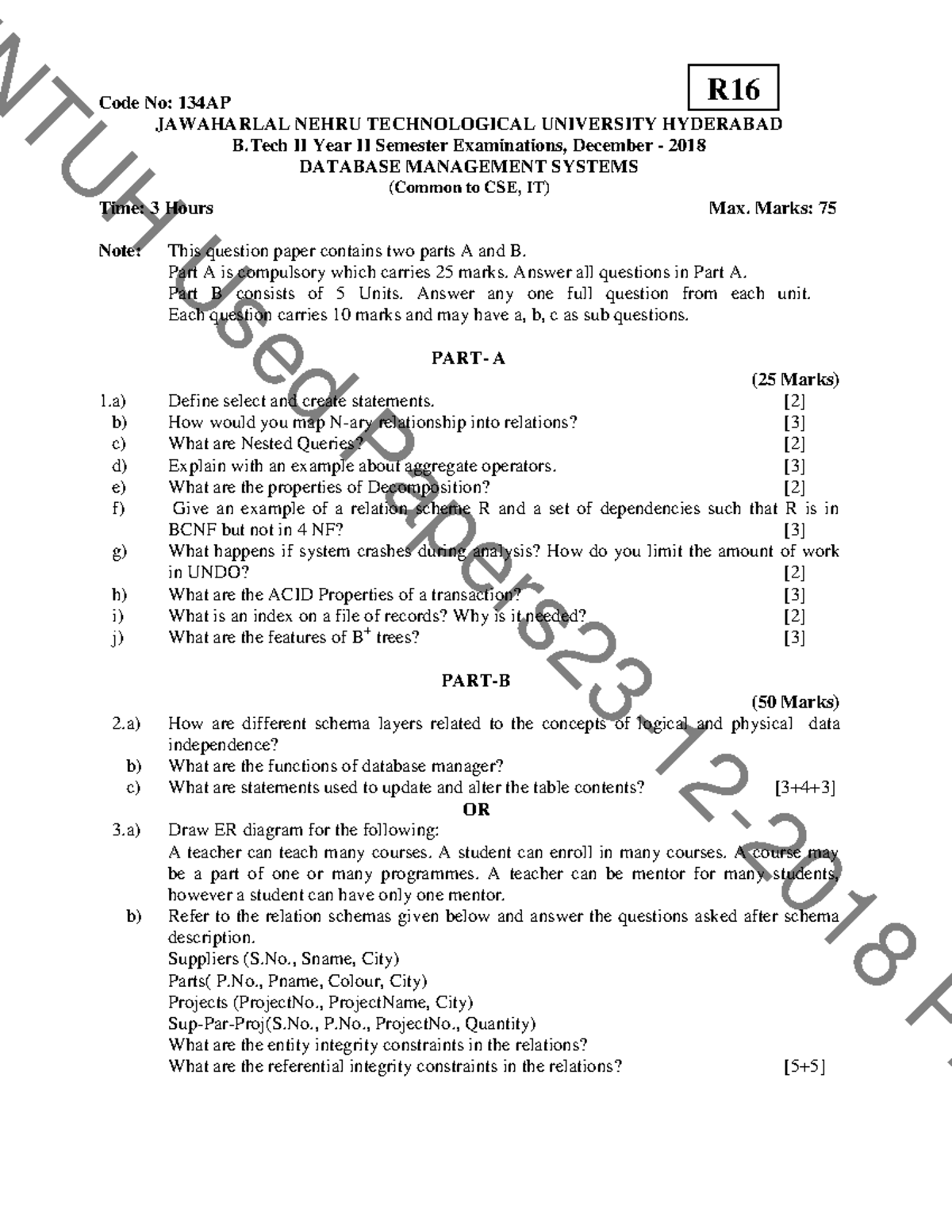 B.Tech 2nd Year Dec 2018 Exam: Database Management Systems (134AP ...