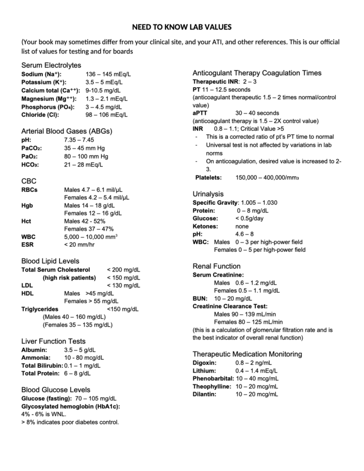 Lab Values Reference Guide for Clinical Practice - Studocu