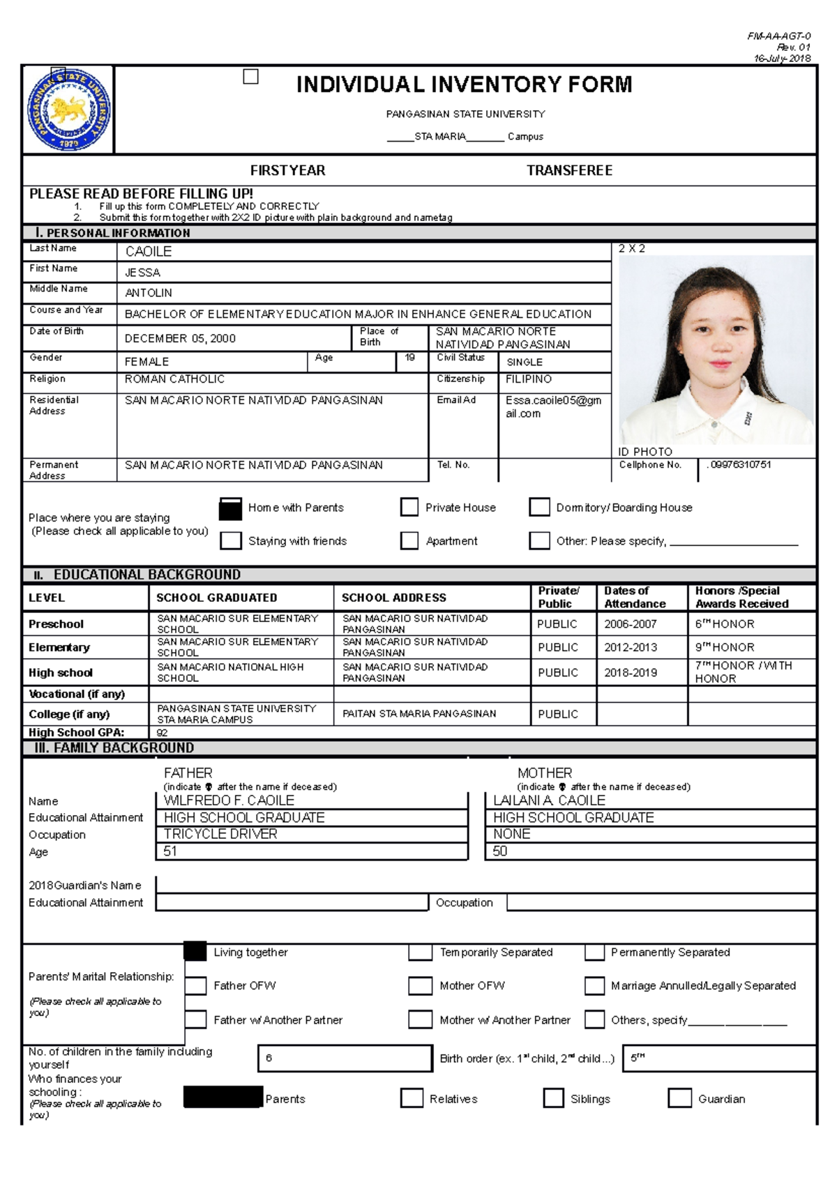 Jessa Caoile Individual Inventory Form - PSUBEE 1st Year Transfer ...