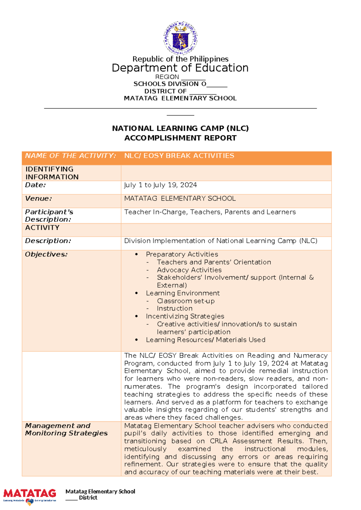 NLC Accomplishment Report: EOSY Break Activities at Matatag School ...