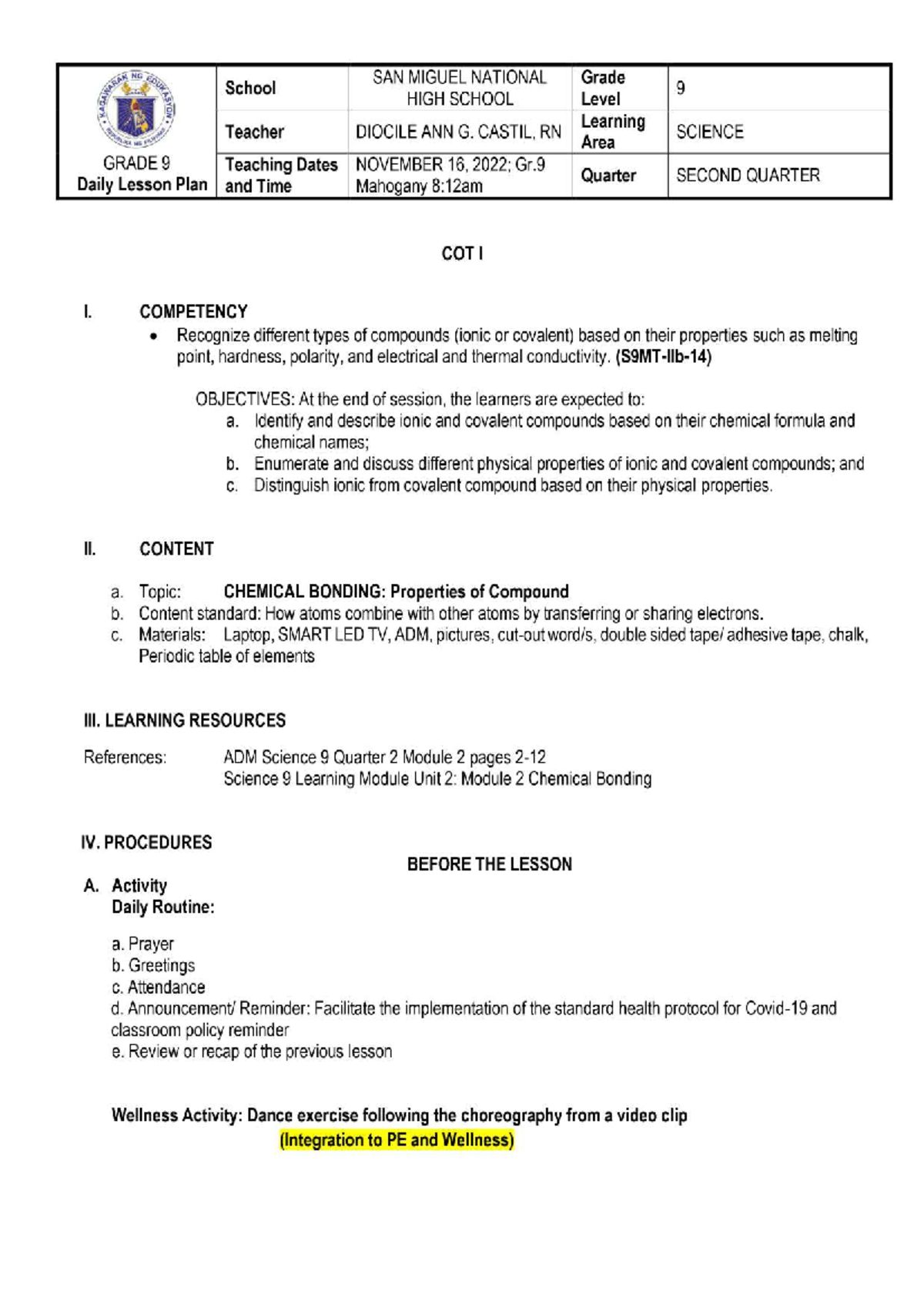 COT 1 DLP Grade 9 Science: Chemical Bonding Lesson Plan - Studocu