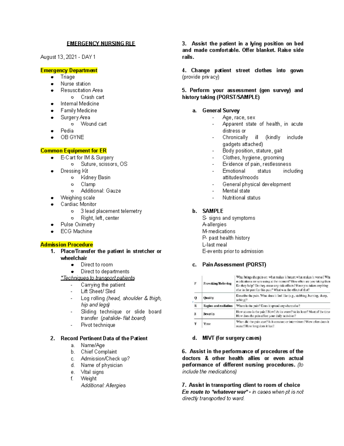 Emergency Nursing RLE Notes - Key Concepts and Procedures - Studocu