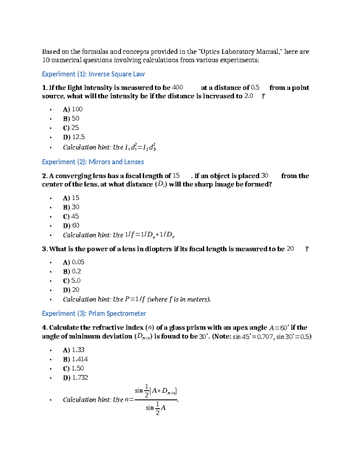 Physics Lab Numerical Questions: Experiments & Calculations (PHYS 101 ...