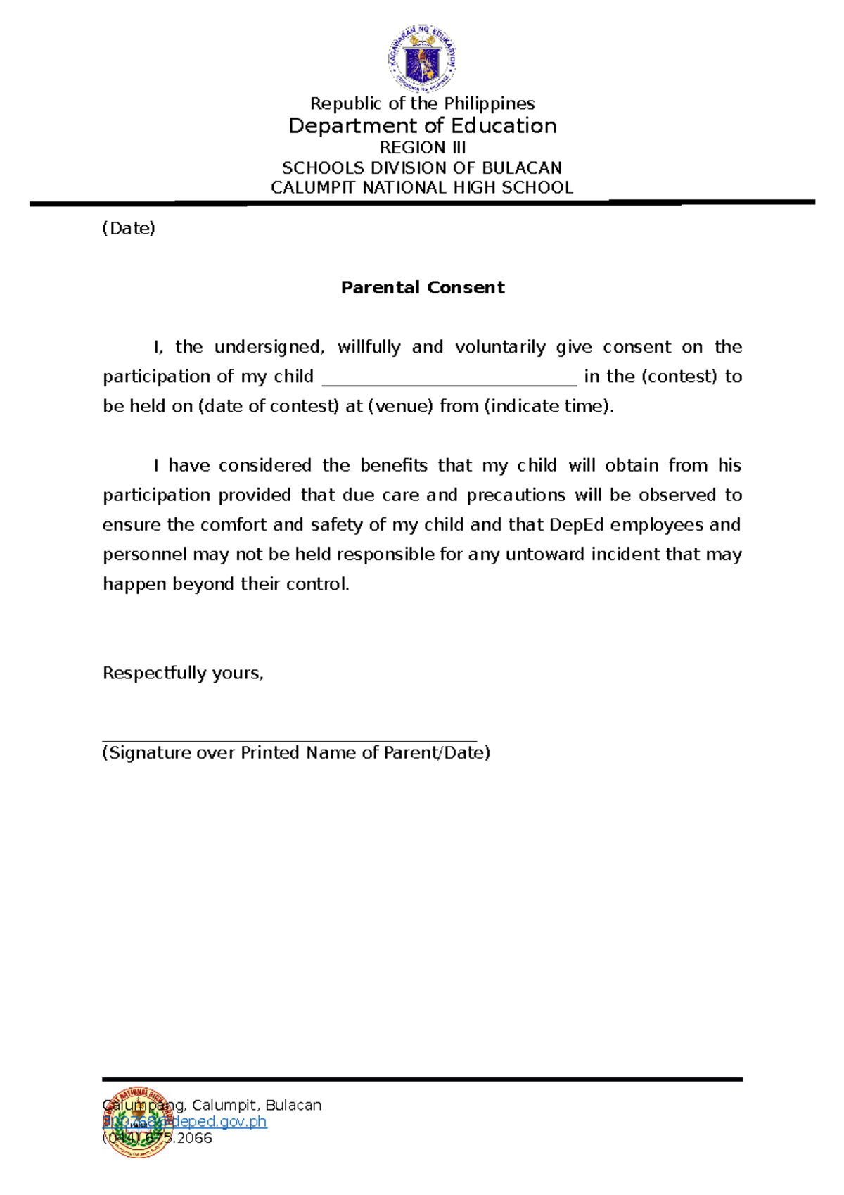03 Sample Parent Consent - Word - Republic of the Philippines ...