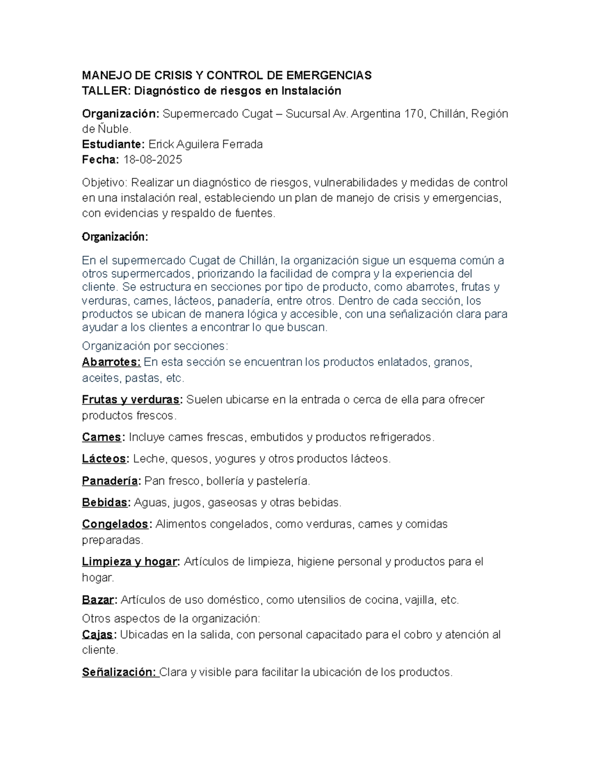 TALLER: Diagnóstico de Riesgos y Manejo de Crisis en Supermercado Cugat ...