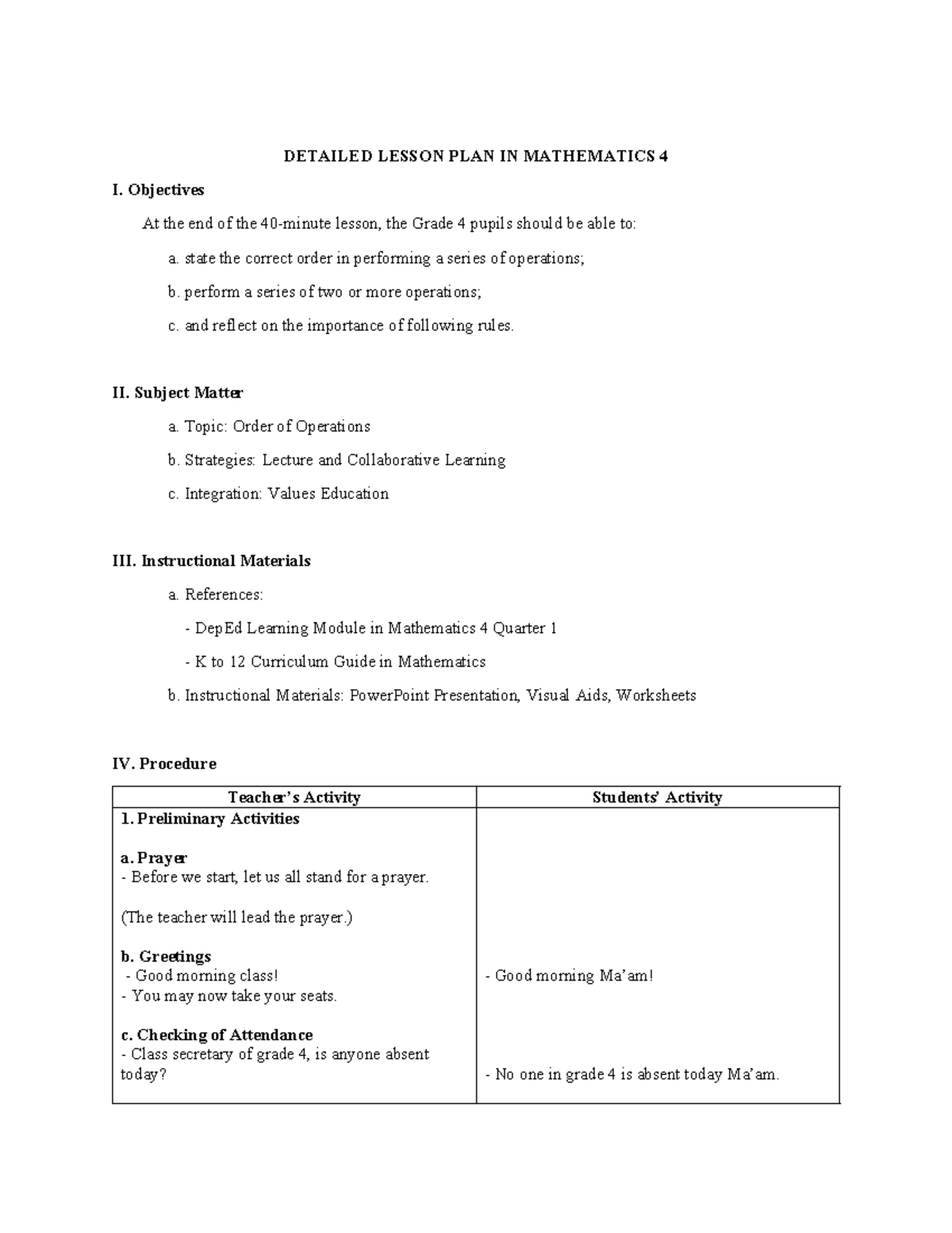 PRE-DEMO - LESSON PLAN IN MATH - DETAILED LESSON PLAN IN MATHEMATICS 4 ...