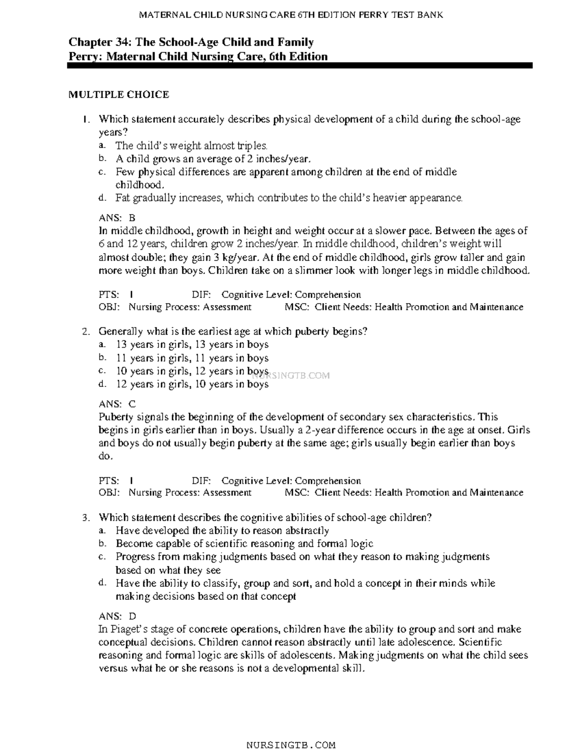 C34 - Test Bank - NURSINGTB Chapter 34: The School-Age Child and Family ...