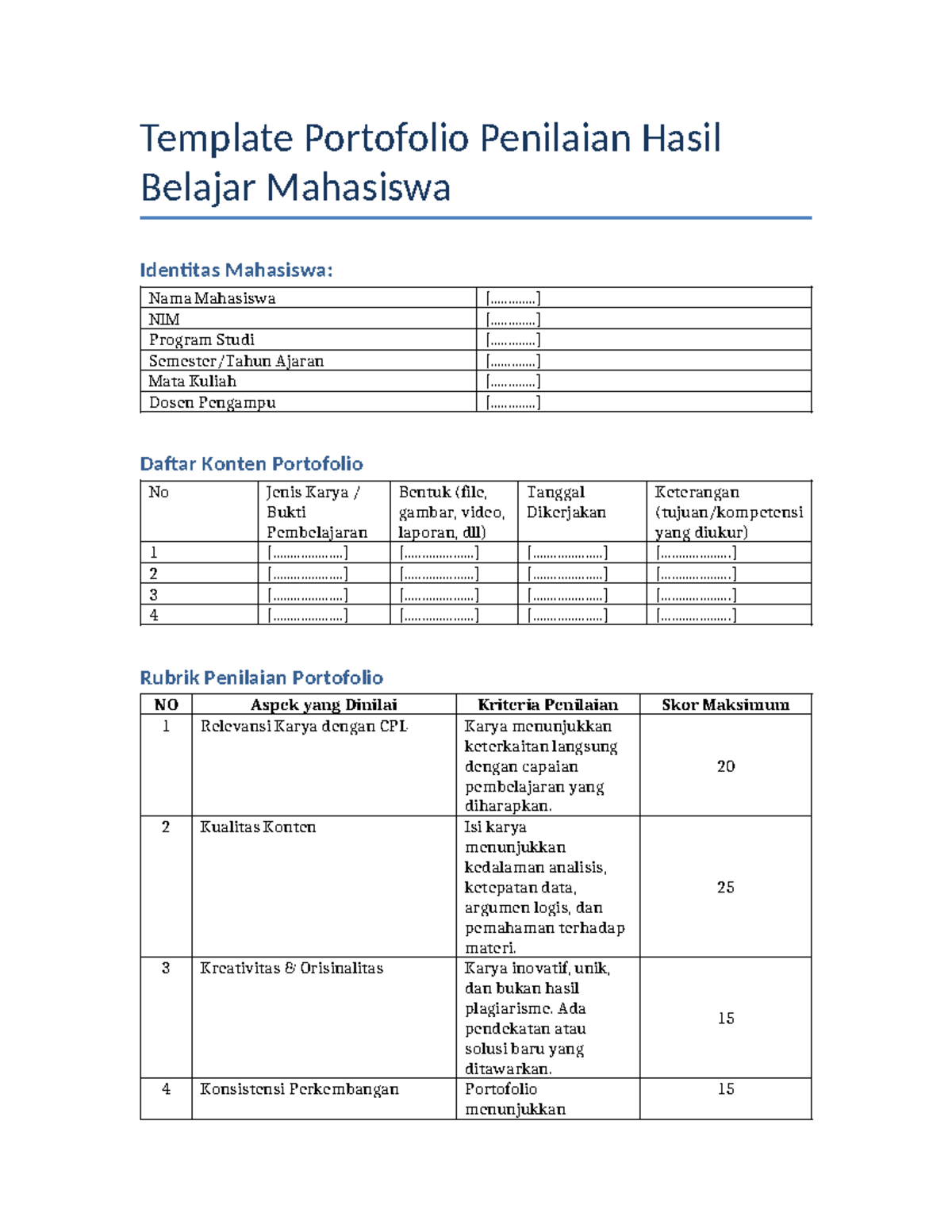 01-Template Portofolio Penilaian Hasil Belajar Mahasiswa - Studocu