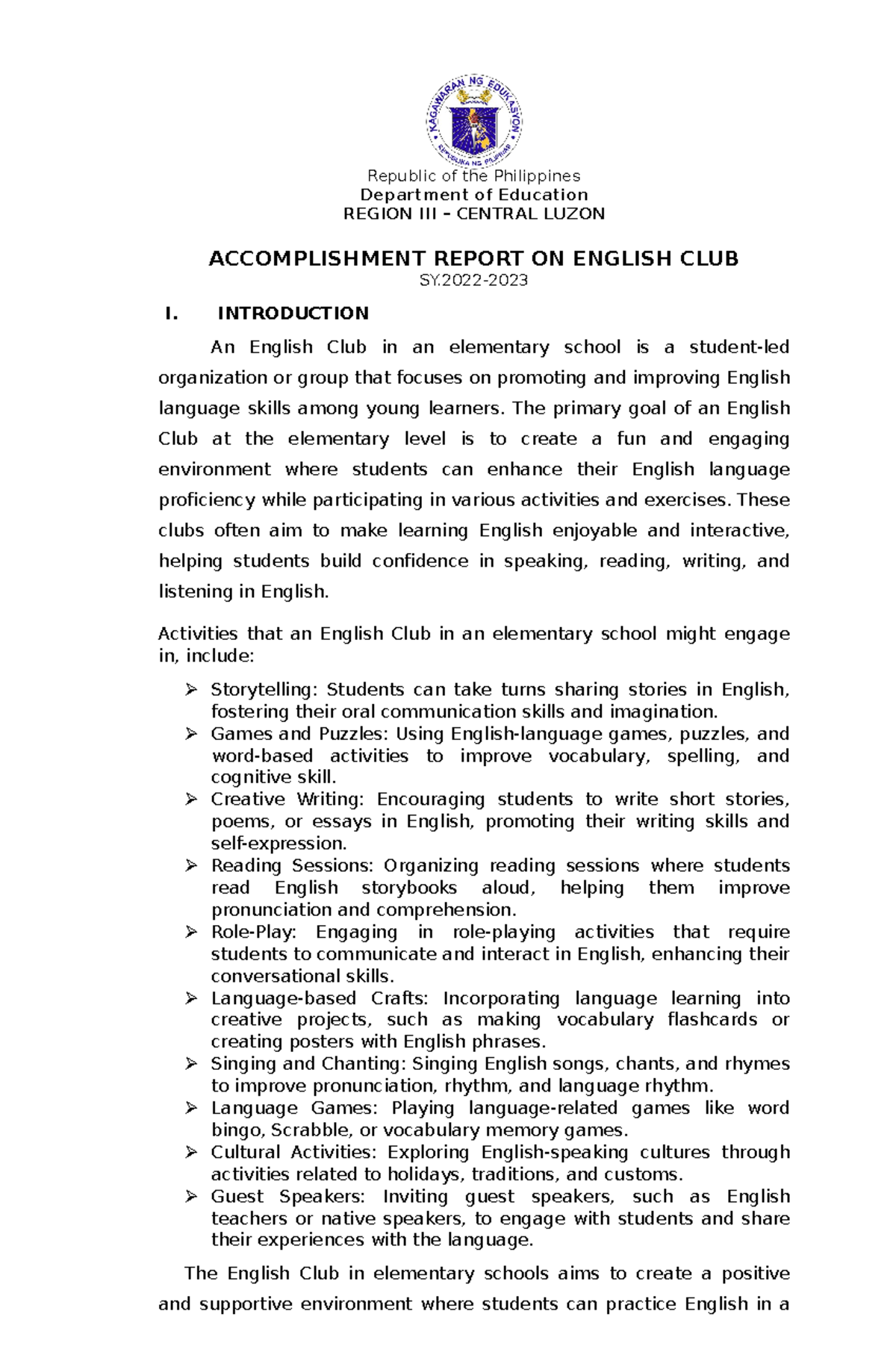 Accomplishment Report of English Club Activities at Santor Elementary ...