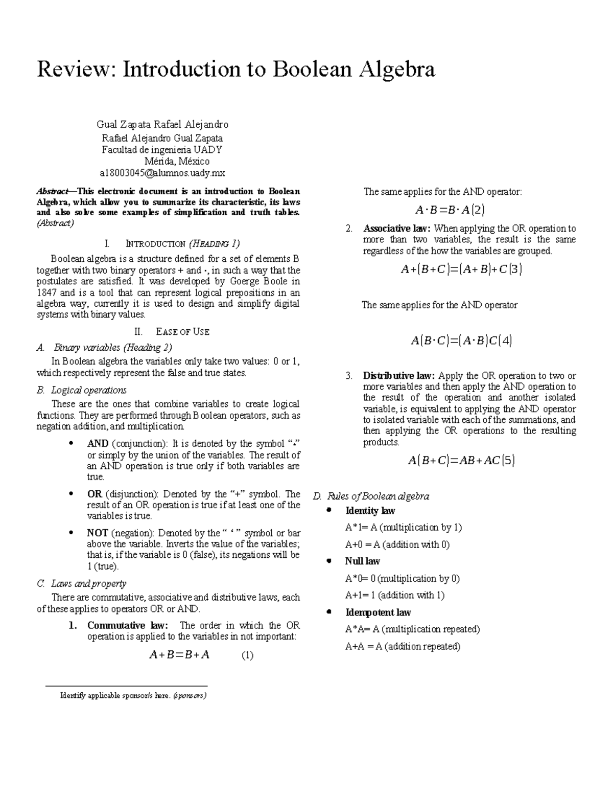 ALGEBRA BOOLEANA - Review: Introduction to Boolean Algebra Gual Zapata Rafael Alejandro Rafael ...