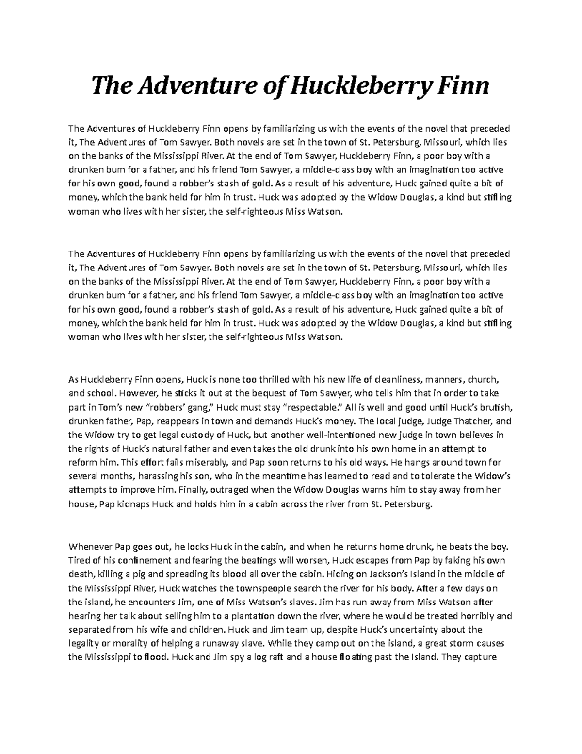Analysis of "The Adventures of Huckleberry Finn" (ENG 101) - Studocu