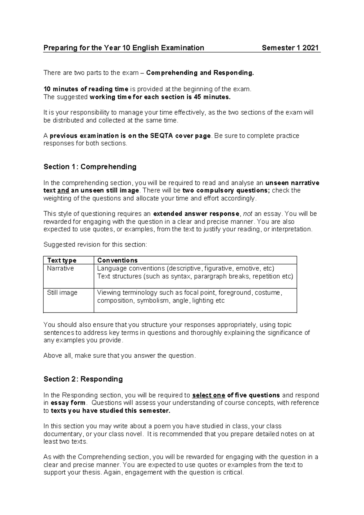 Year 10 English Exam Prep - Semester 1 S121 Guidelines and Tips - Studocu