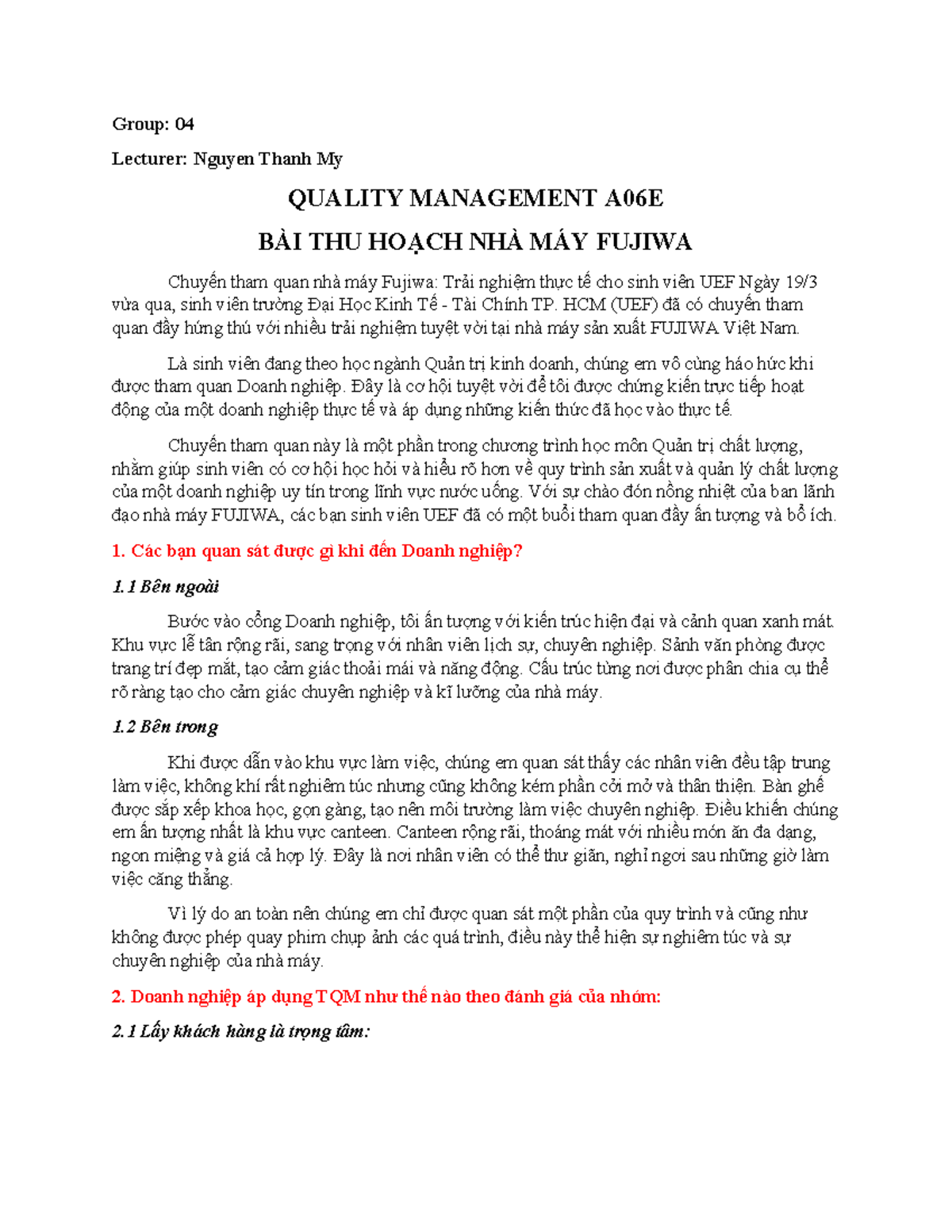 Báo cáo Chuyến Tham Quan Nhà Máy FUJIWA - Quản Trị Chất Lượng A06E ...