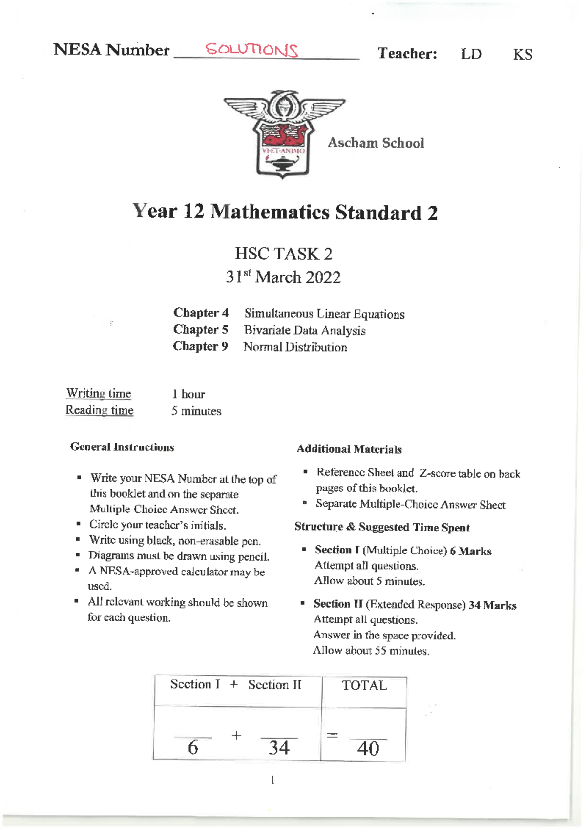 Mathematics Standard 2 Year 12 HSC Task 2 Solutions for Chapters 4, 5 ...