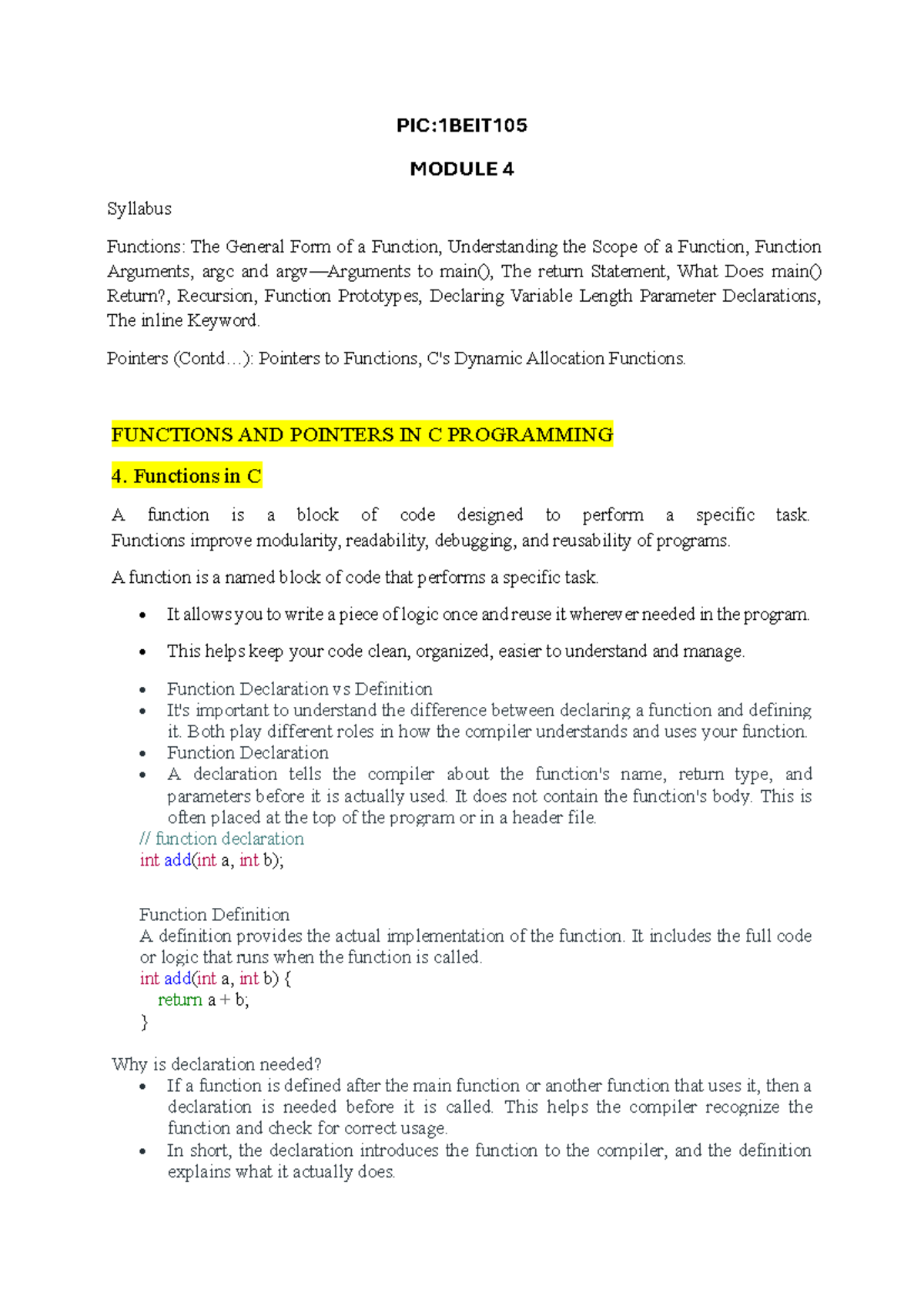 PIC:1BEIT105 MODULE 4 Functions and Pointers in C Programming - Studocu