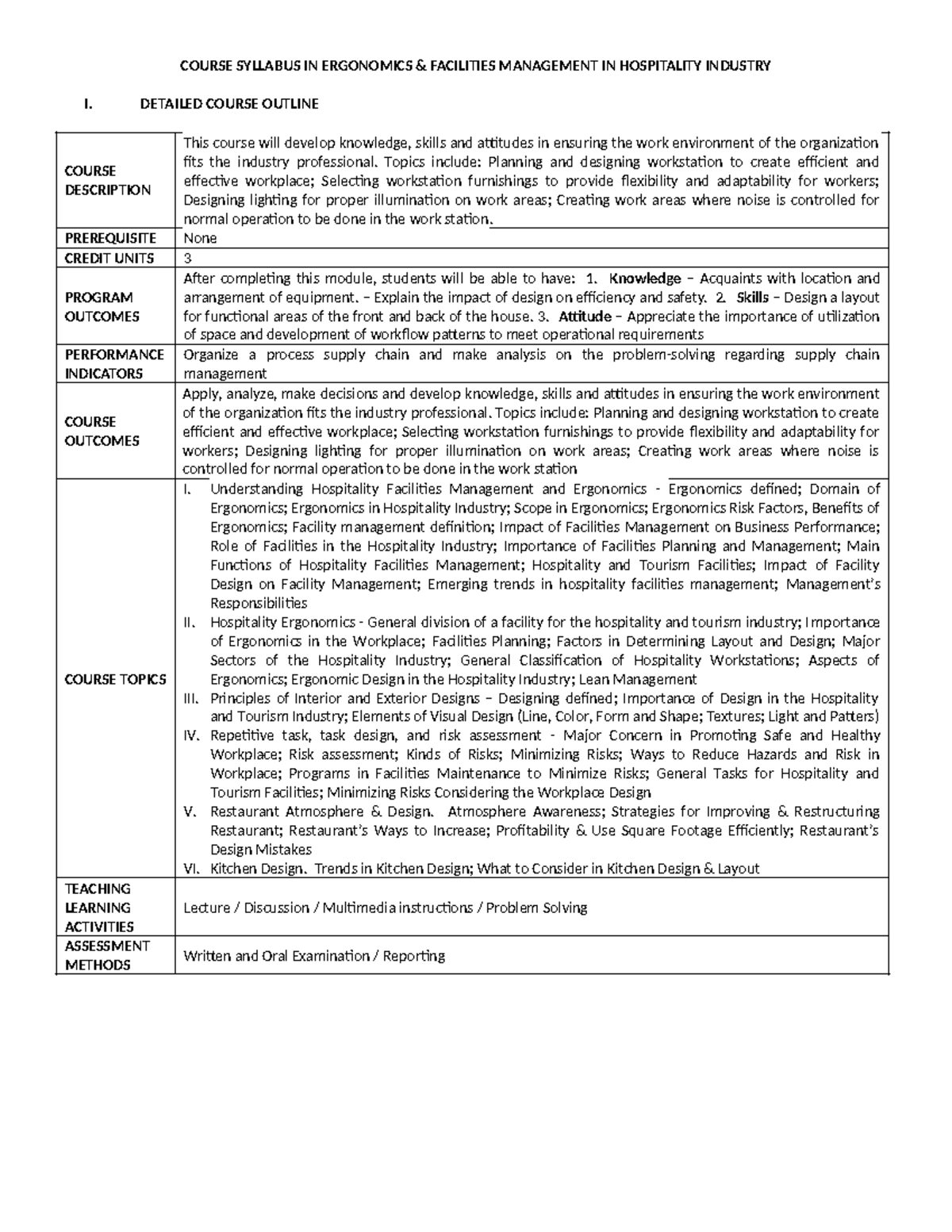 HM - Facilities Planning - Stud - COURSE SYLLABUS IN ERGONOMICS ...