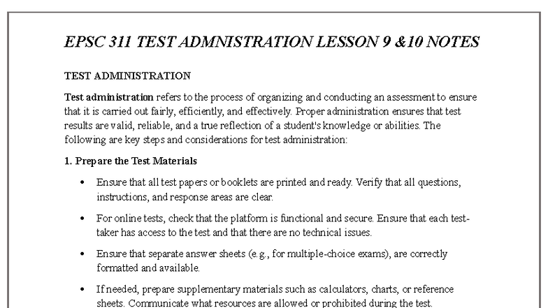 EPSC 311 TEST ADMINISTRATION LESSON 9 & 10 NOTES - Studocu