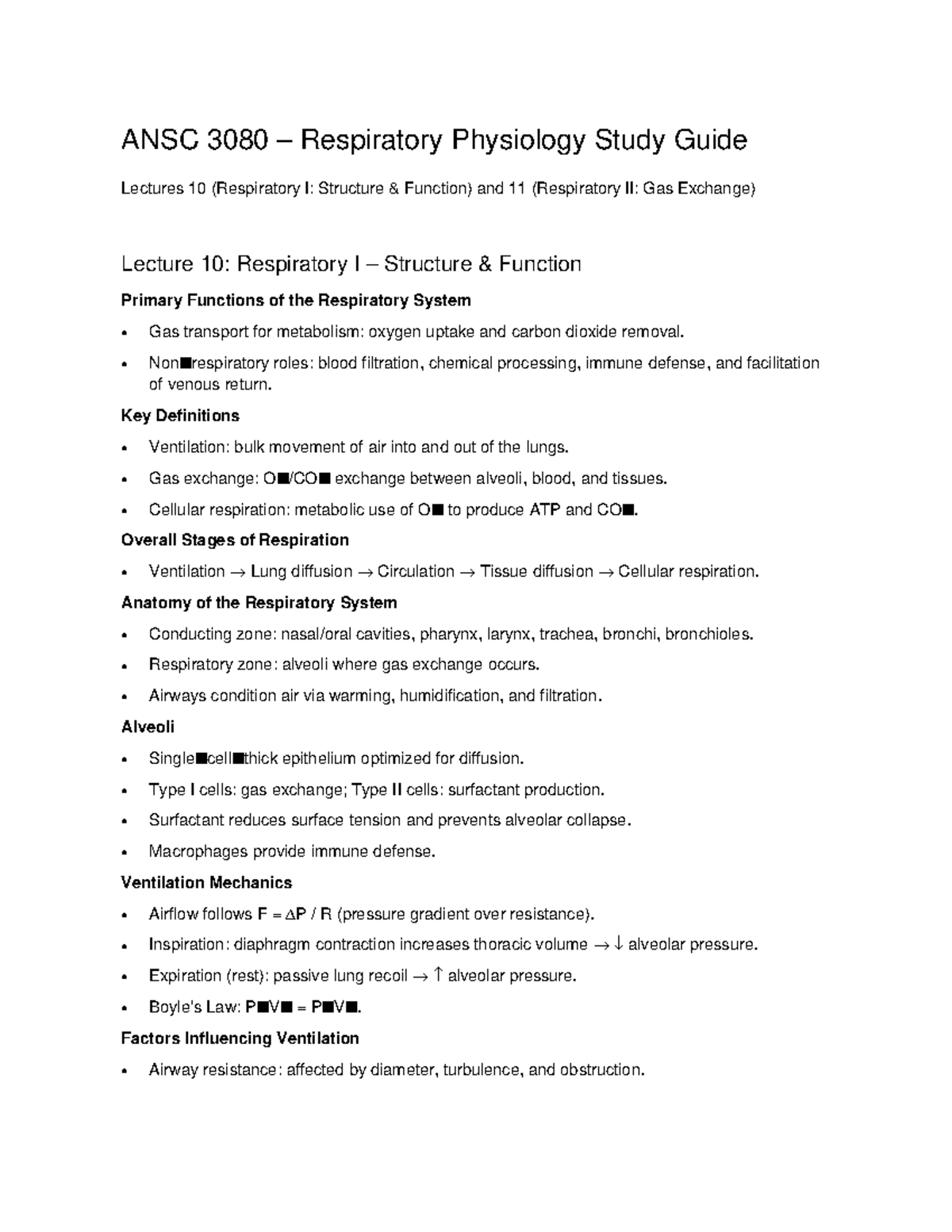 ANSC 3080 Respiratory Physiology Study Guide: Lectures 10 & 11 - Studocu