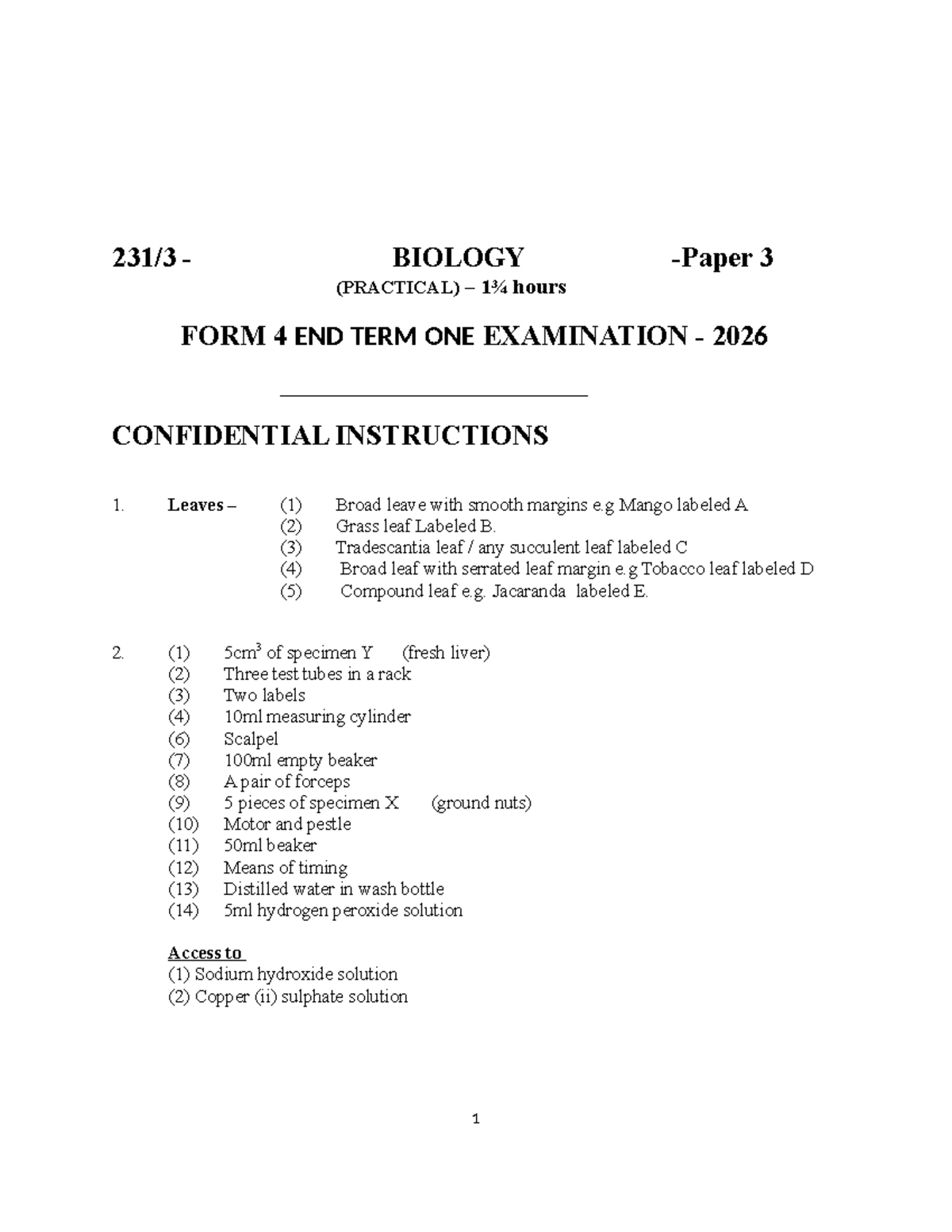 FORM 4 BIOLOGY PRACTICAL EXAMINATION 2026 CONFIDENTIAL - Studocu