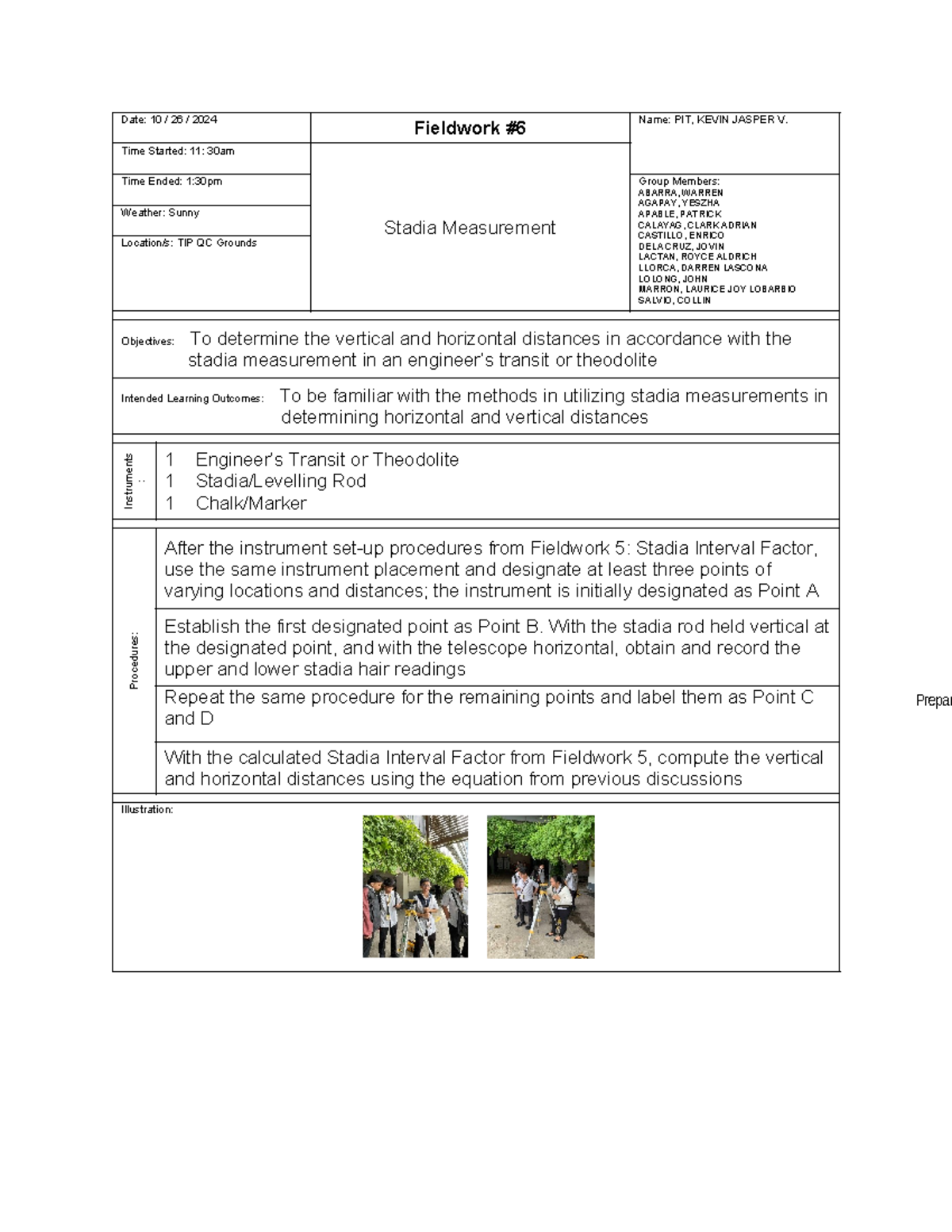 Surveying - Fieldwork 6: Stadia Measurement Techniques - Studocu