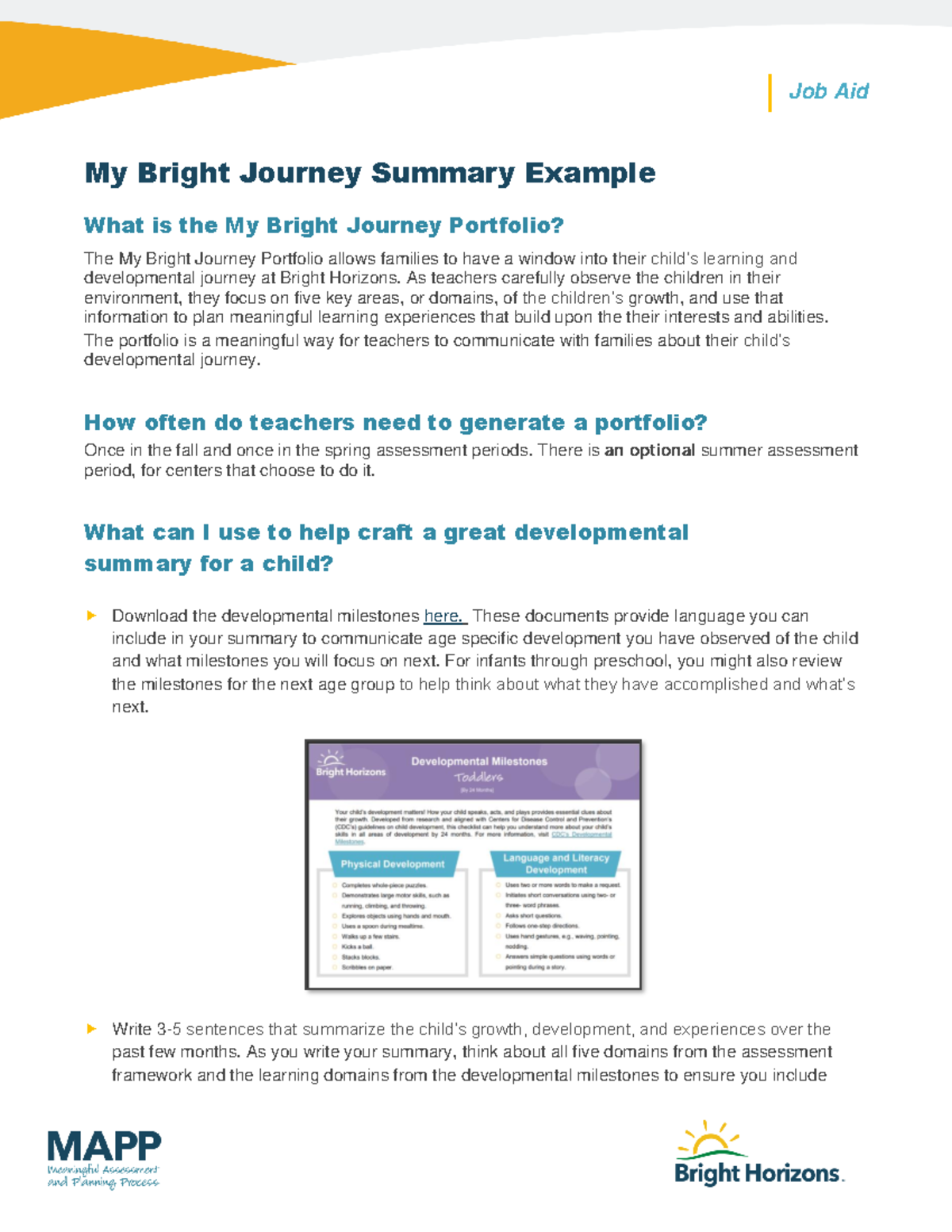 My Bright Journey Portfolio Summary Examples for Developmental Growth ...