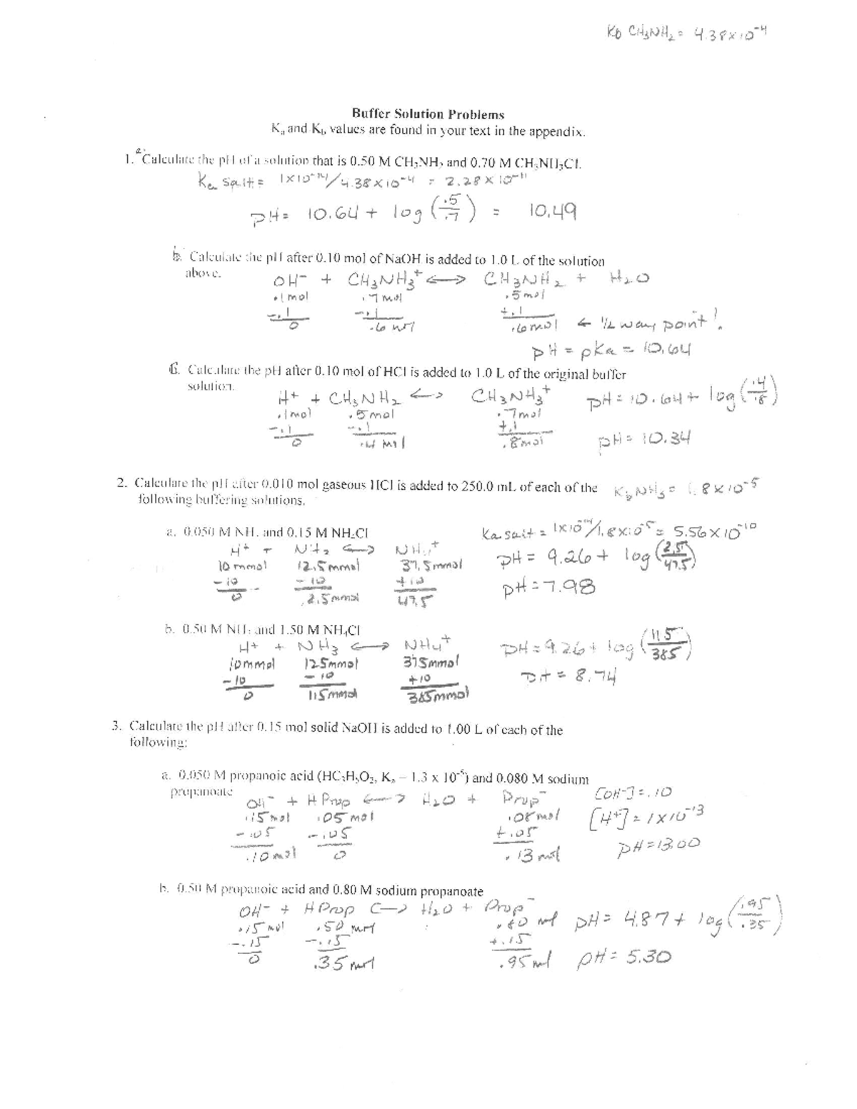 Buffer Solutions Key - Tutorial Work on Kₐ and Kb Calculations - Studocu