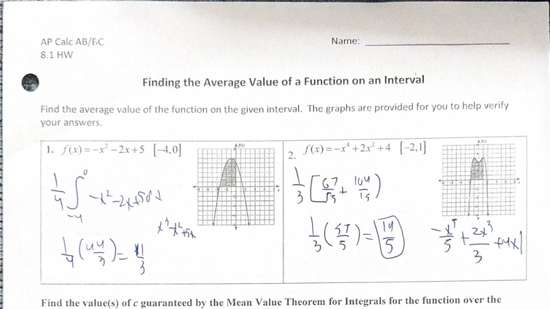 AP Calc 8.1 HW: Finding Average Value of a Function - Studocu
