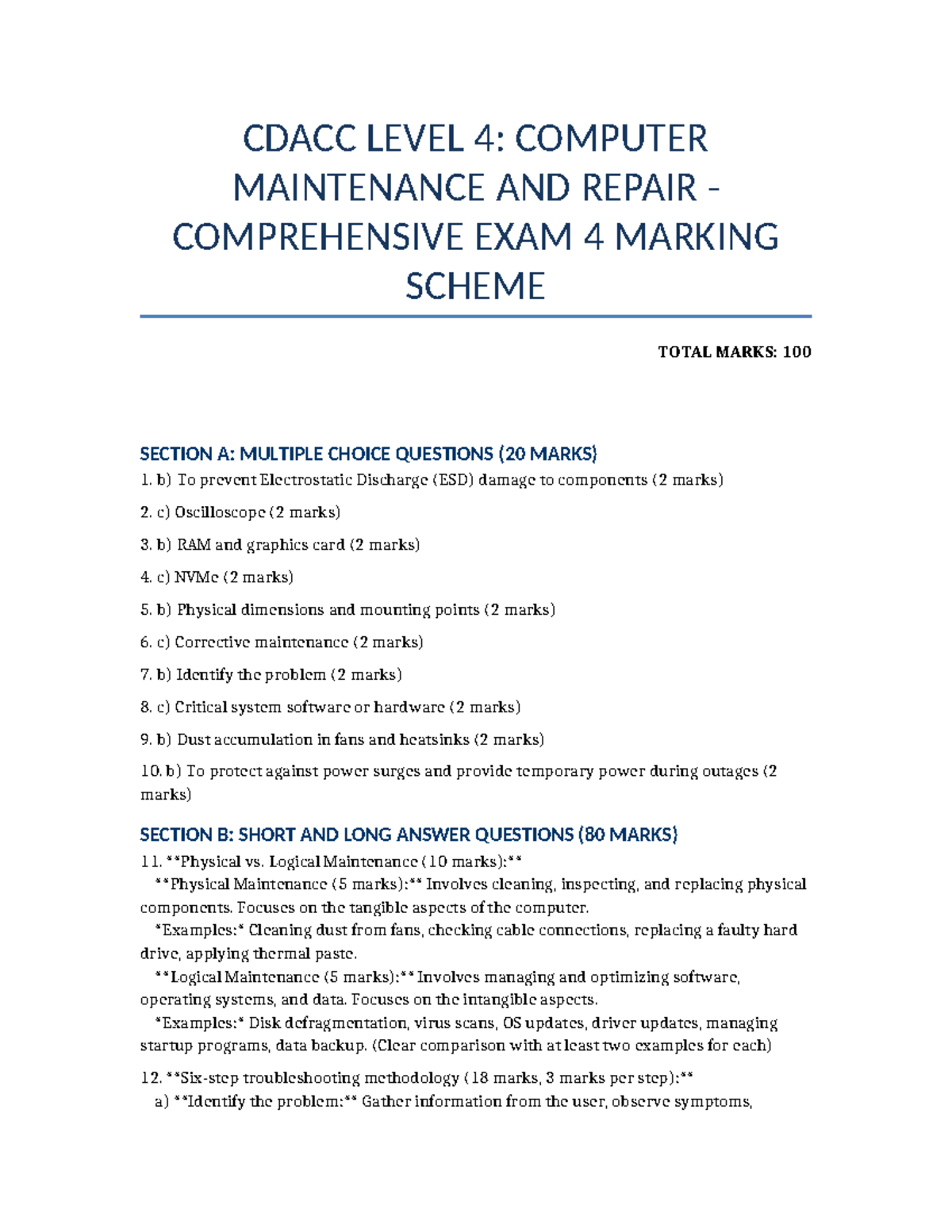 CDACC LEVEL 4: COMPUTER MAINTENANCE & REPAIR MARKING SCHEME - Studocu