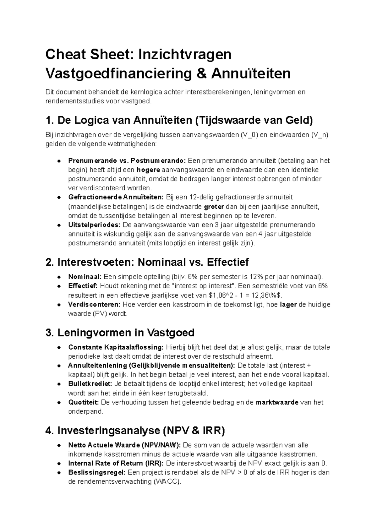 Inzichtvragen Cheat Sheet: Vastgoedfinanciering Annuïteiten - Studocu