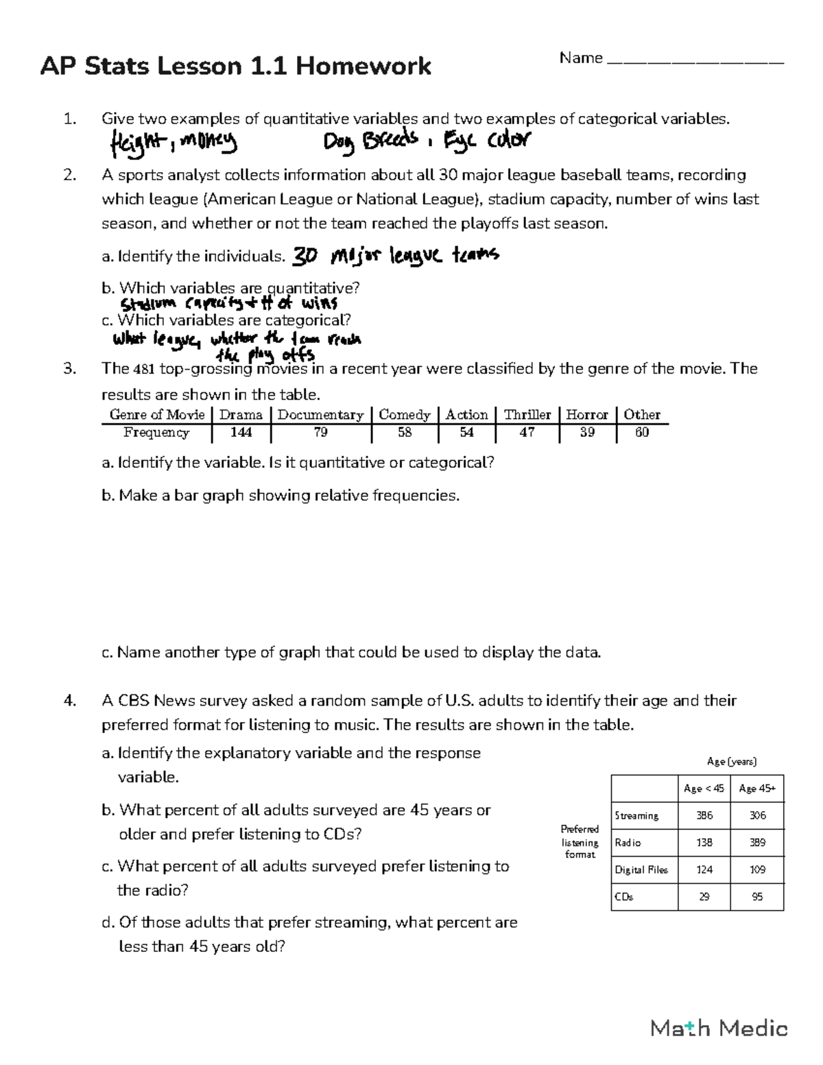 AP Stats 1.1 Homework: Quantitative & Categorical Variables Analysis ...