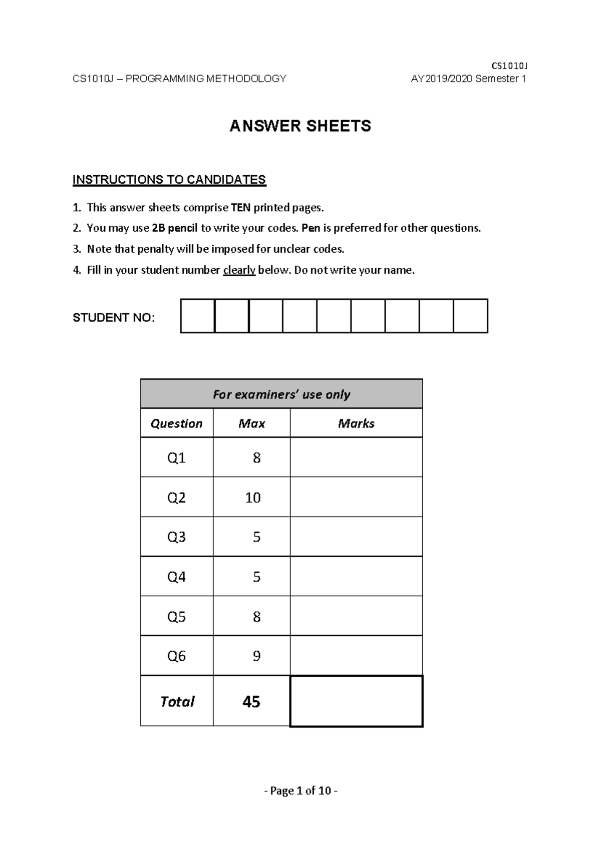 CS1010J Programming Methodology Semester 1 Exam Answer Sheet - Studocu