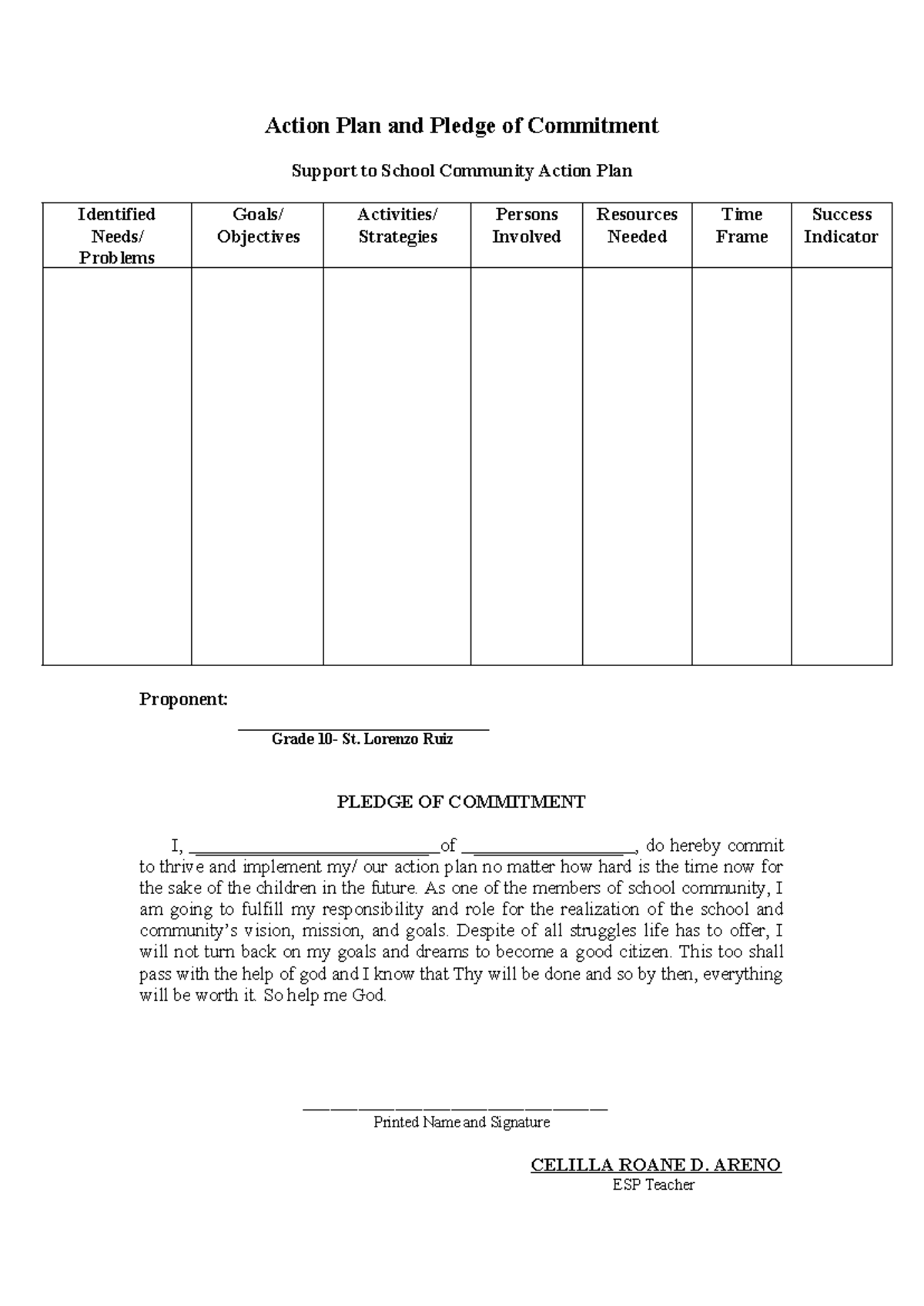 Action Plan and Pledge of Commitment Grade 10 - Action Plan and Pledge ...