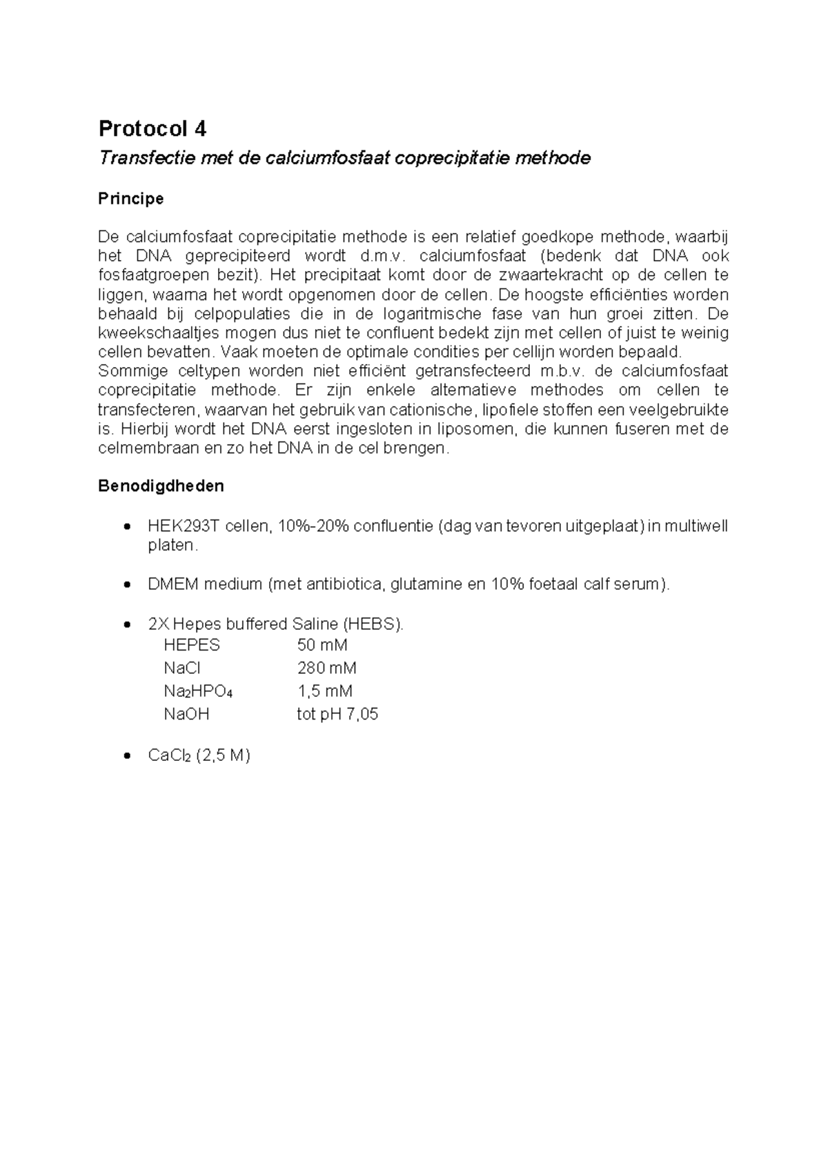 Protocol 4: Calciumfosfaat Coprecipitatie Transfectie Methode - Studeersnel