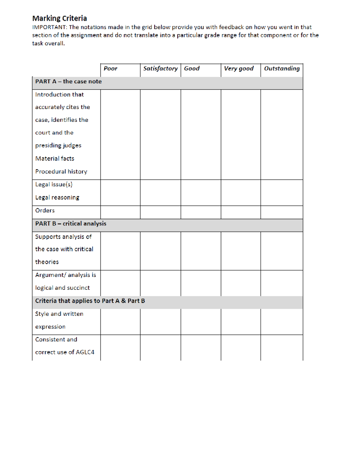 Marking Rubric for Case Note Assessment (Course Code: AGLC4) - Studocu