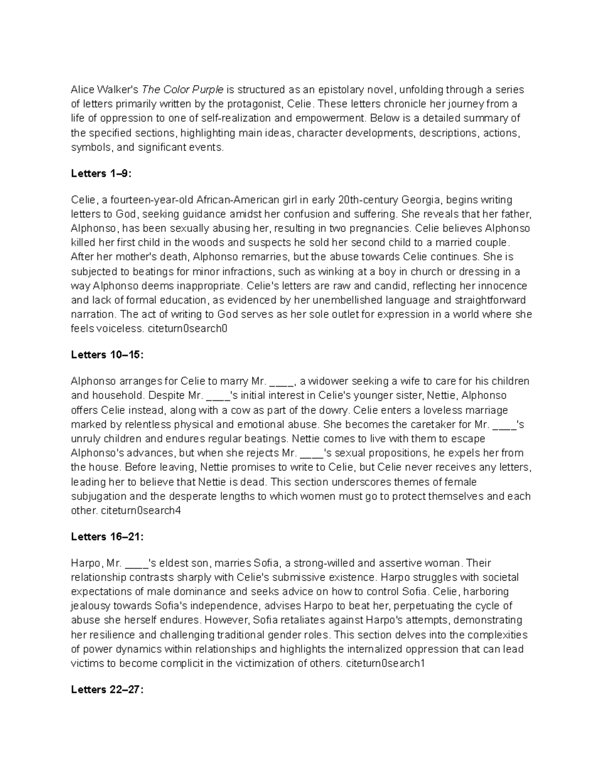 Detailed Summary of Letters 1-90 from Alice Walker's The Color Purple ...