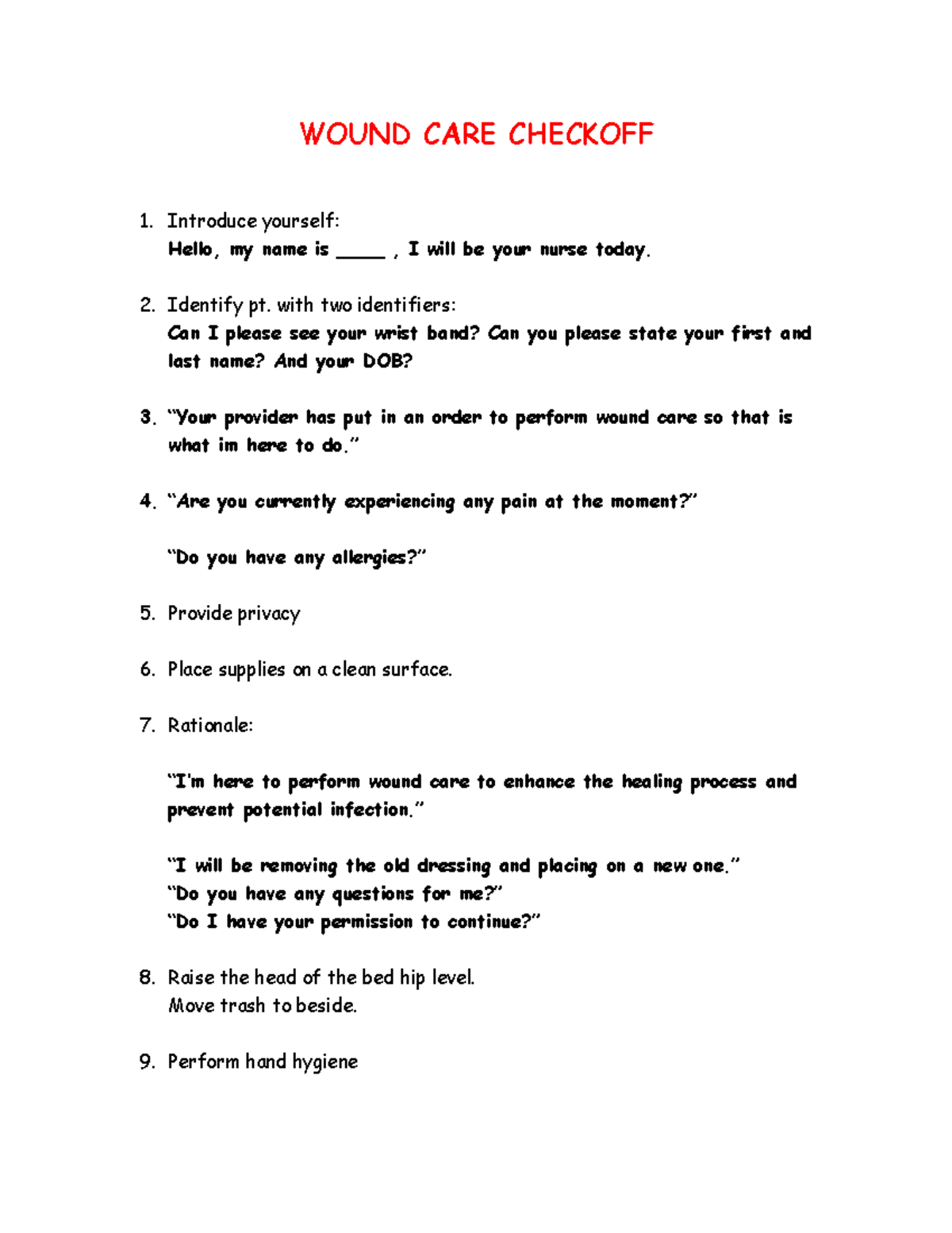 Wound Care Techniques: Checkoff Guidelines for Nursing Practice - Studocu