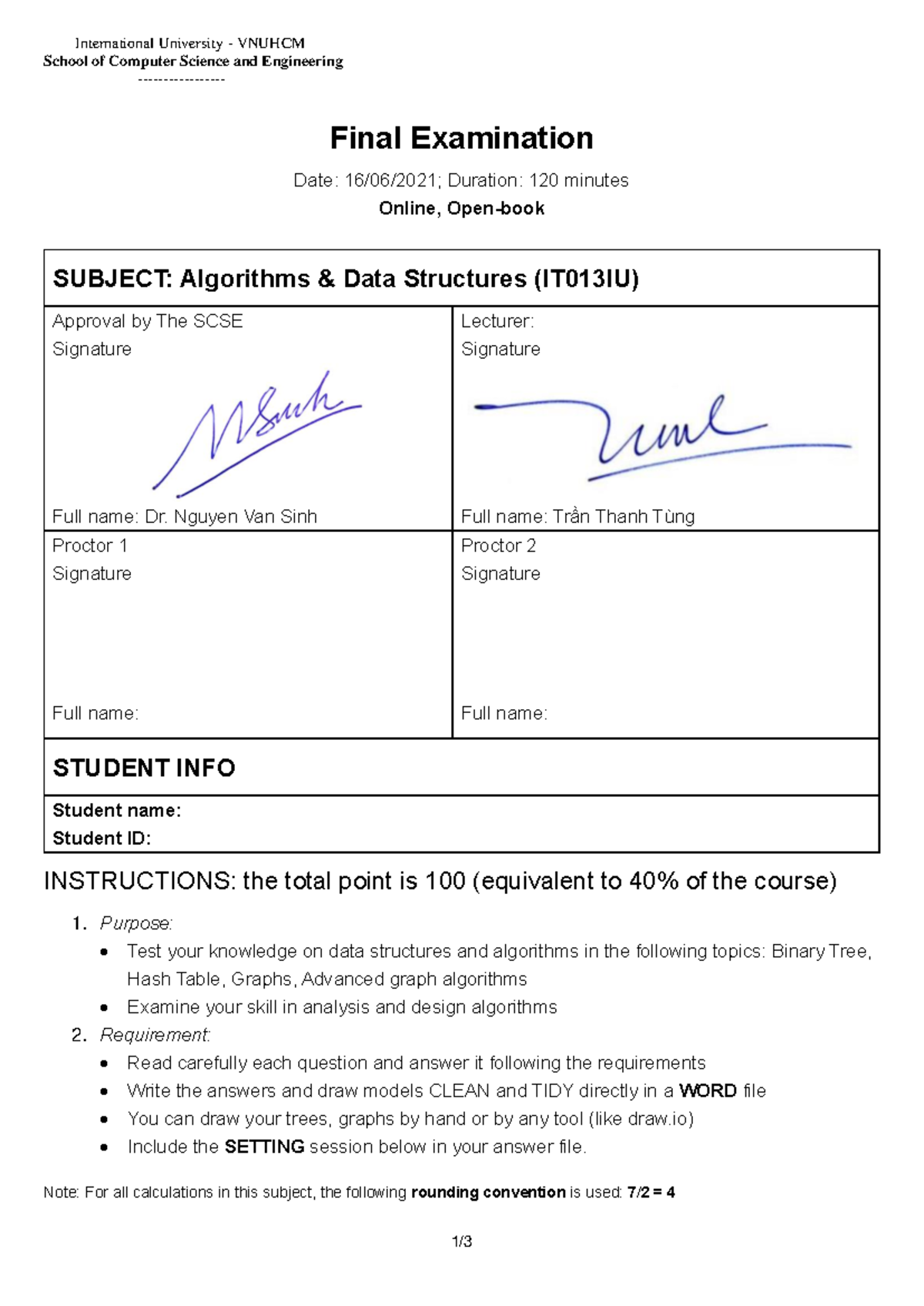 Final Exam - Algorithms & Data Structures (IT013IU) Overview - Studocu