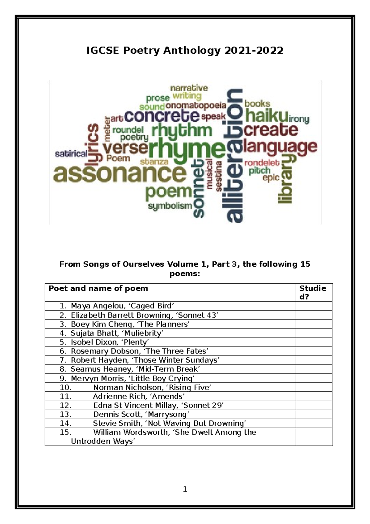 Poetry Anthology 2021-22 (blank) - IGCSE Poetry Anthology 2021- From ...