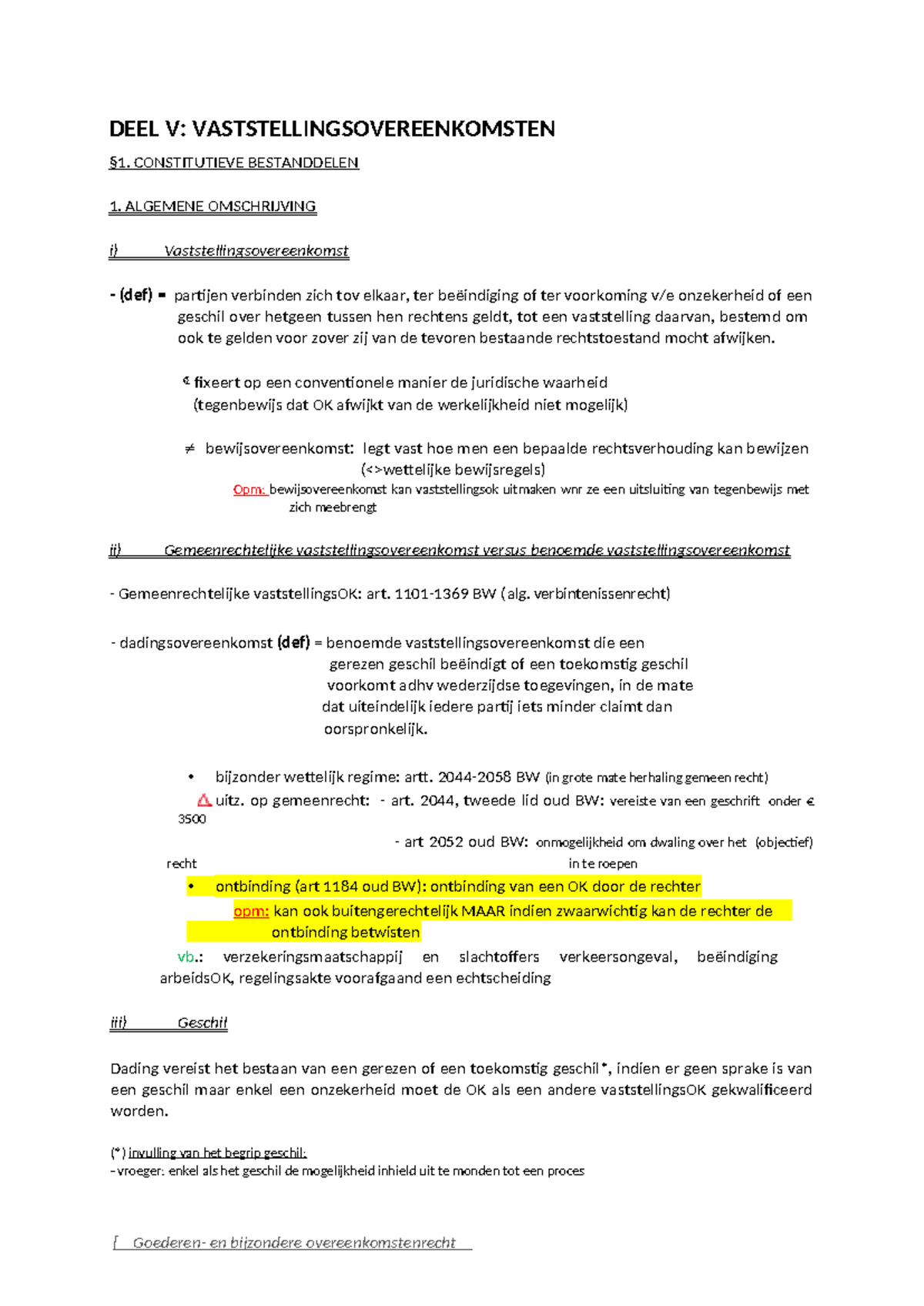DEEL V samenvatting - DEEL V: VASTSTELLINGSOVEREENKOMSTEN §1 ...