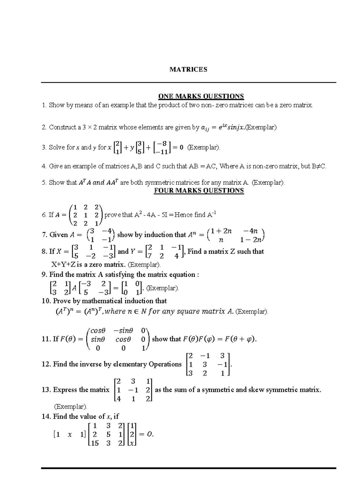 CBSE Class 12 Maths Assignment: Matrices One Marks & Four Marks Qs ...