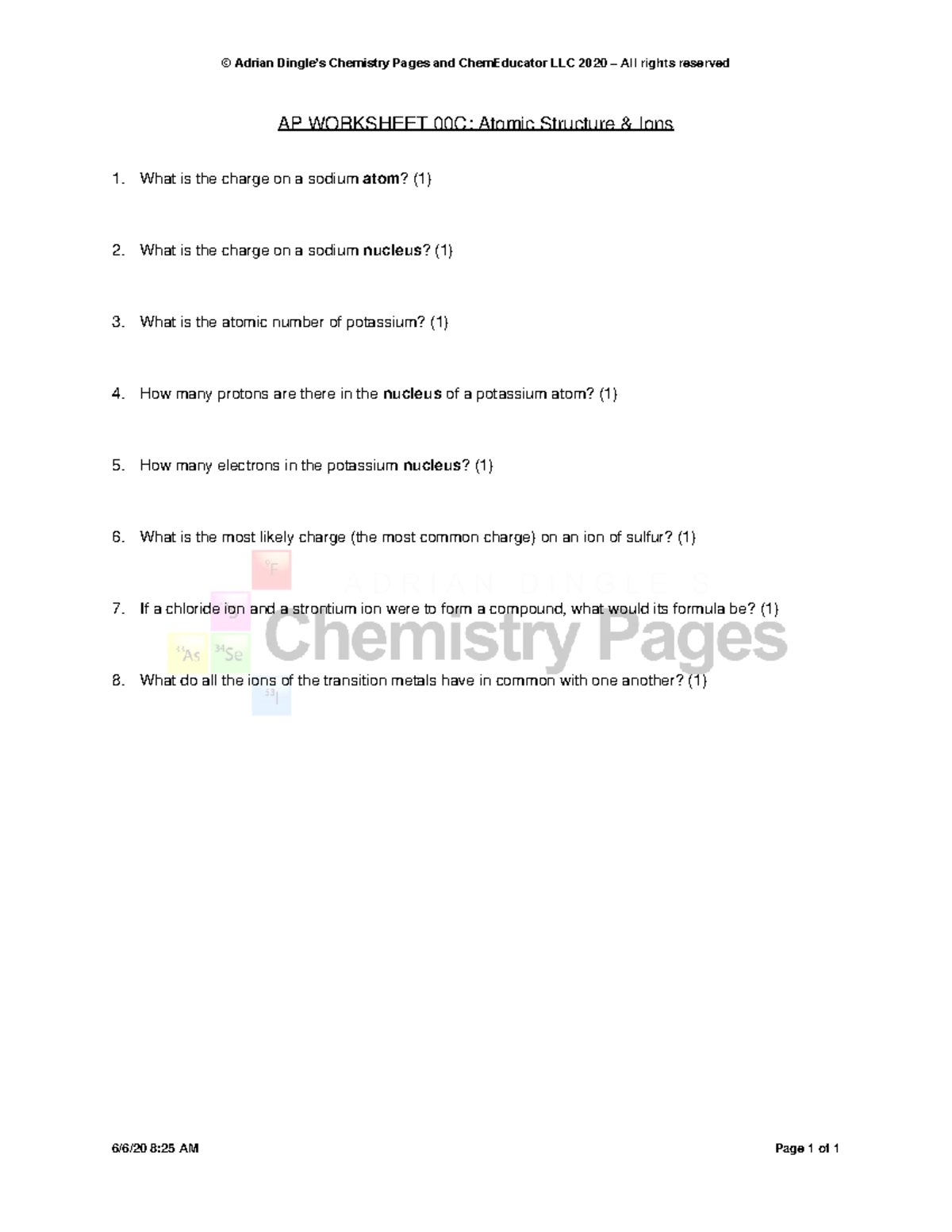 AP WORKSHEET 00C: Atomic Structure and Ions Review - Studocu