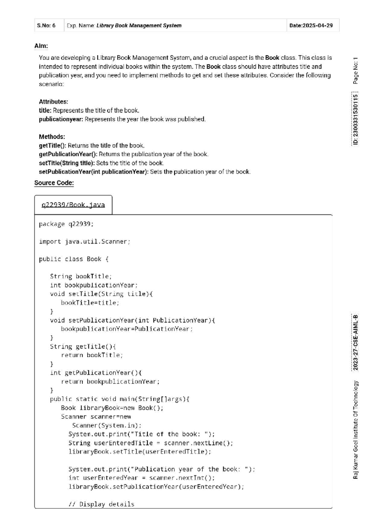 Library Book Management System: Class Implementation Guide (CS101) - Studocu