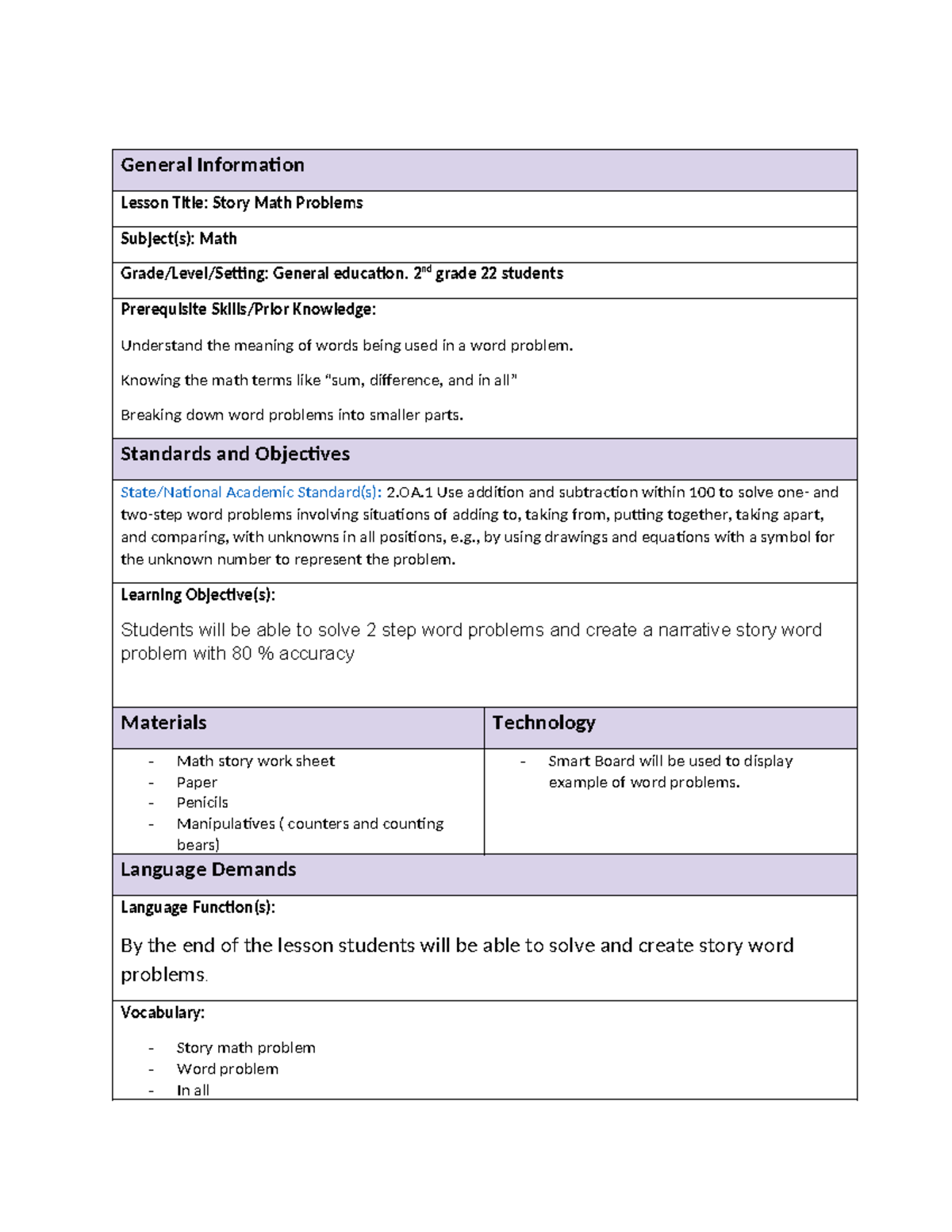 Math methods - General Information Lesson Title: Story Math Problems ...