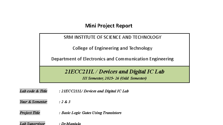 21ECC211L - Mini Project Report on Basic Logic Gates Using Transistors ...