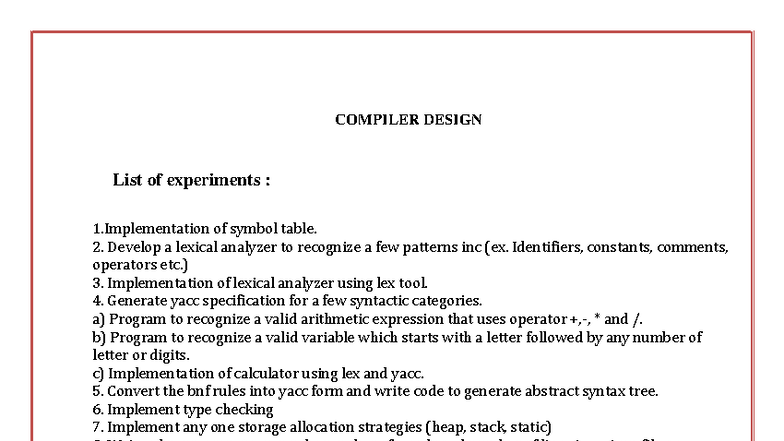 COMPILER DESIGN 1904611 Lab Manual: Experiments & Implementations - Studocu