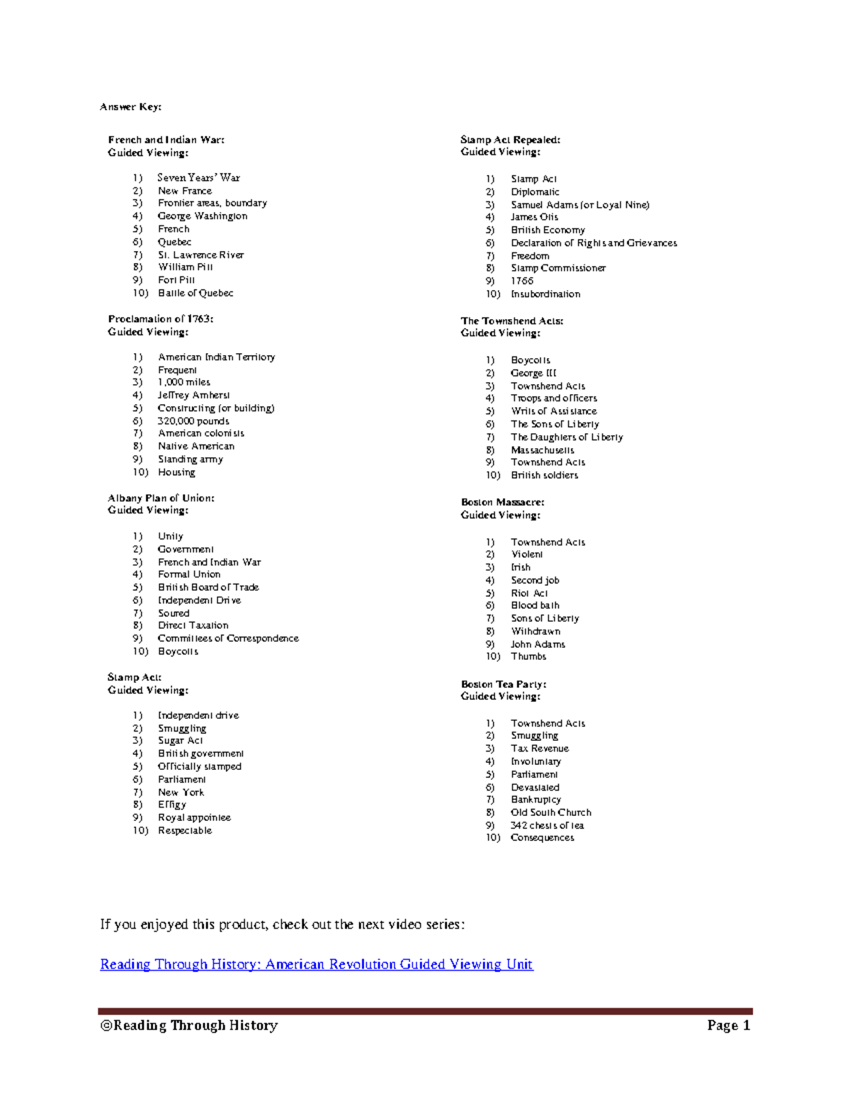 RTH Answer Key: Guided Viewing of the Road to Revolution - Studocu