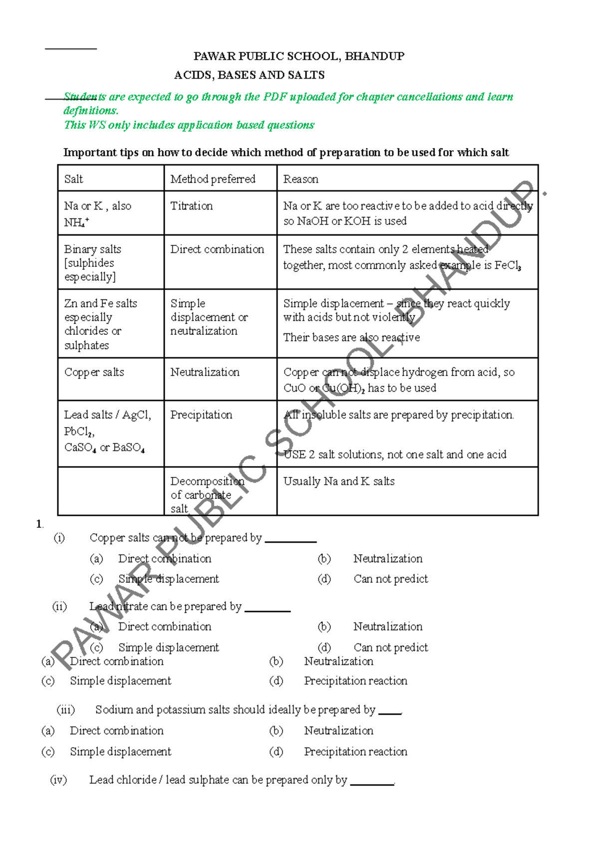 PAWAR PUBLIC SCHOOL, BHANDUP Chemistry WS: Acids, Bases & Salts ...